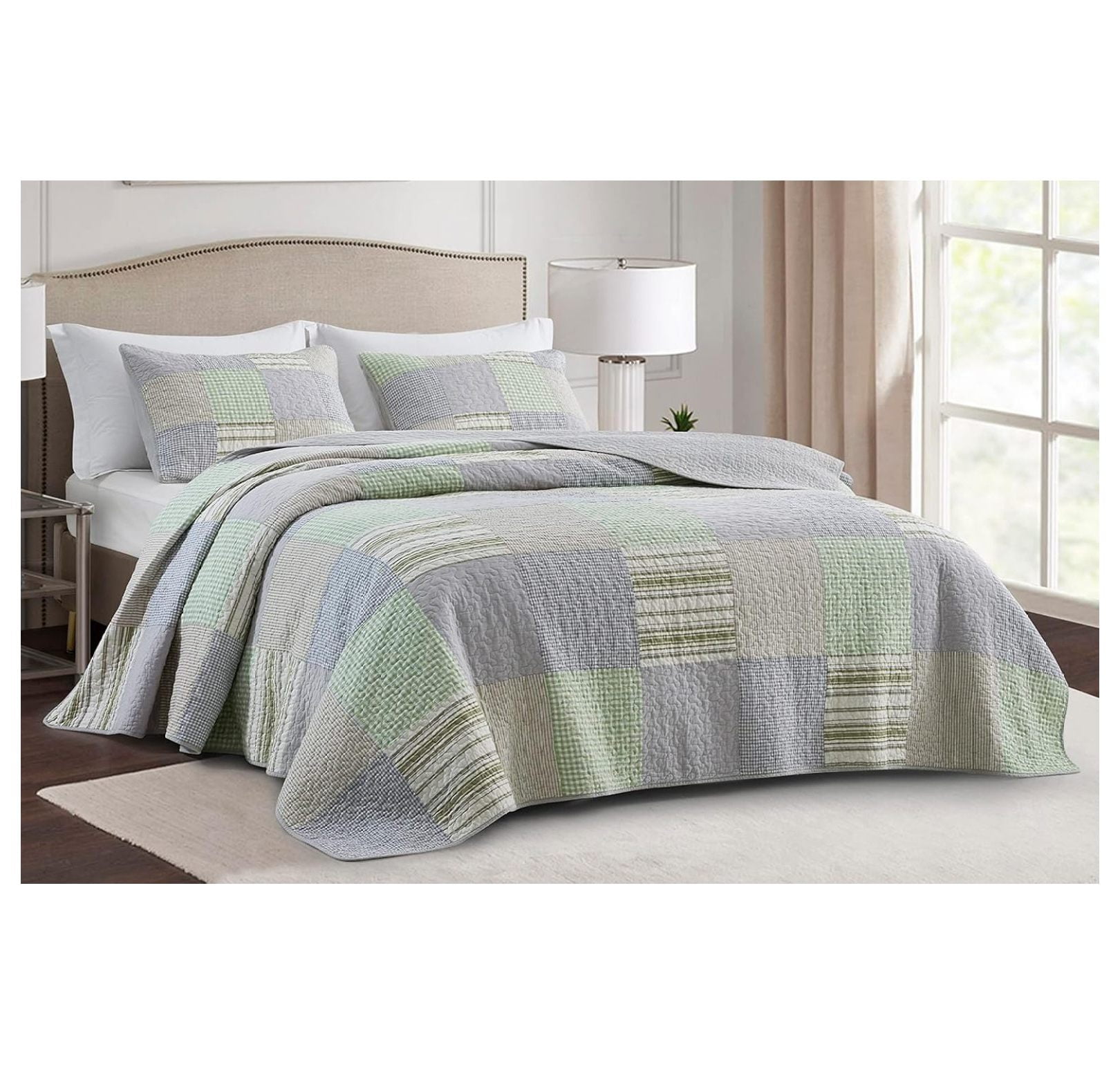 Bellamy 3-Piece Boho Chic Patchwork Quilt Set - Green Gray White Plaid Candy Stripe Reversible ...