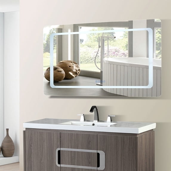 Bellaterra Home 48 in. Rectangular LED Bordered Illuminated Mirror with ...