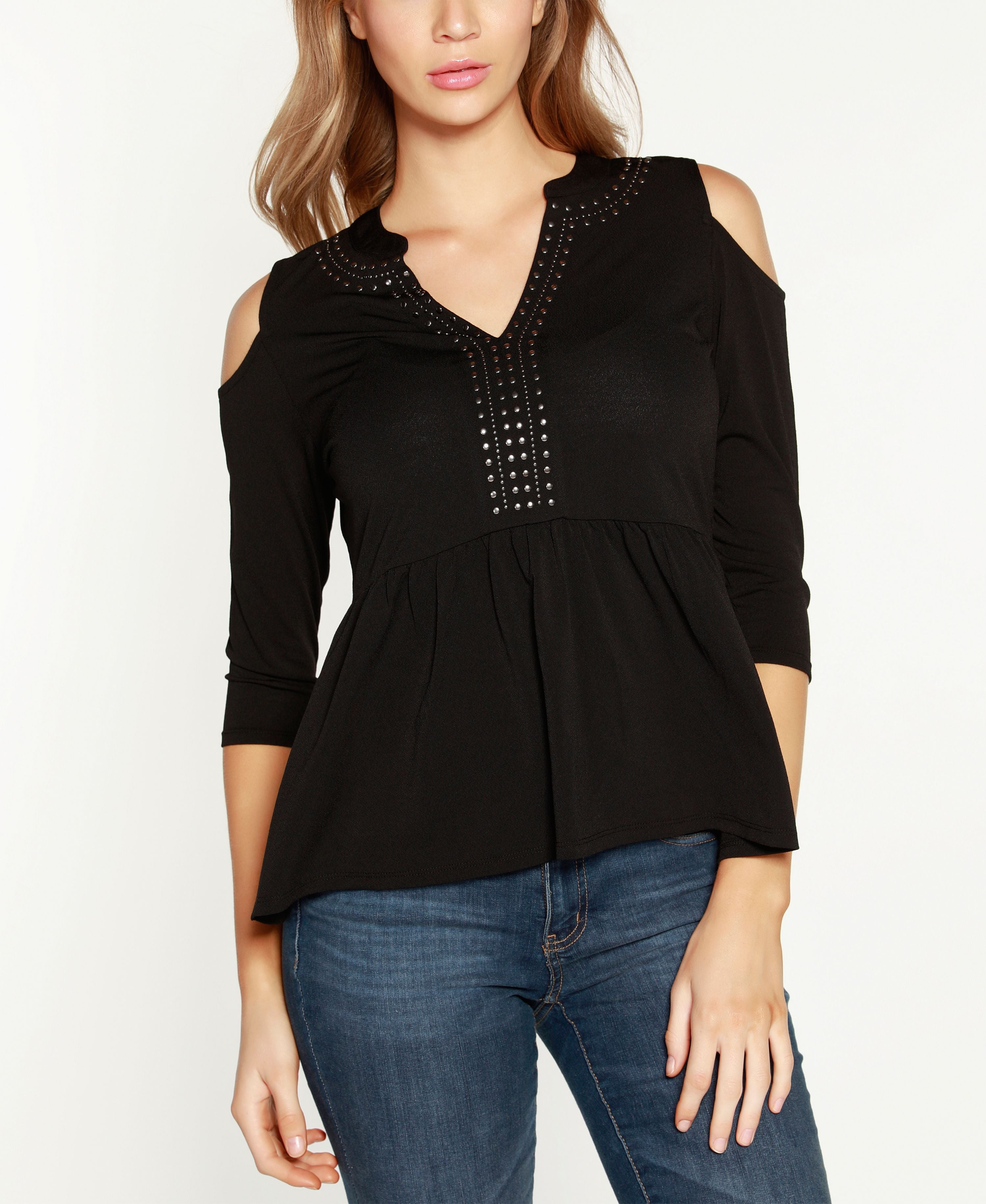 Belldini Black Label Petite Cold Shoulder Split Neck Peplum Top Black Pewter PM - Walmart.com