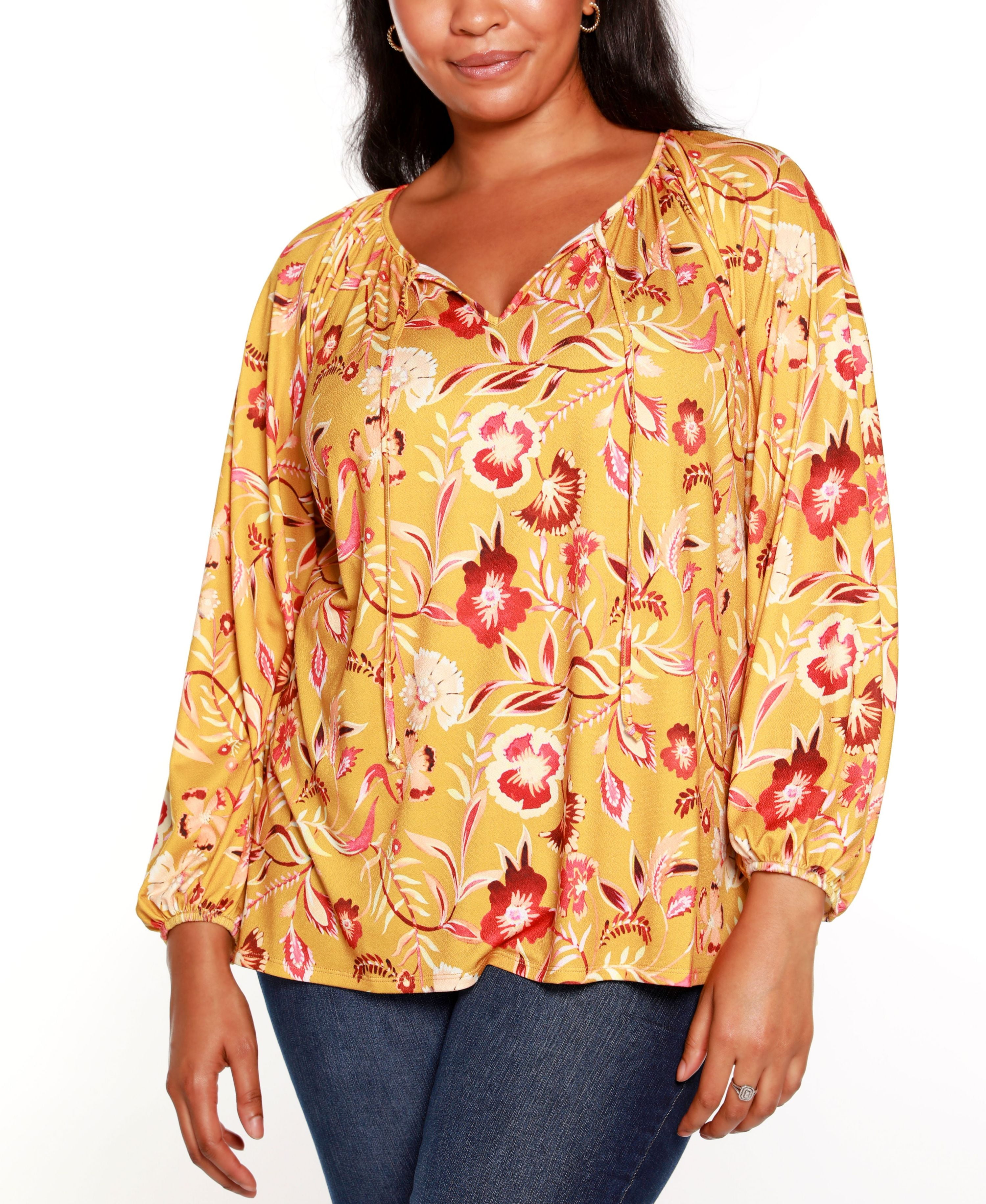 Belldini Black Label Plus Size Floral Peasant Top With Blouson Sleeves ...