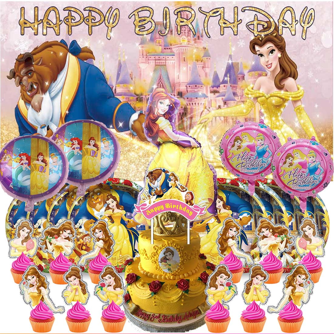 Belle Beauty and Beast Supplies Plates Decoration Backdrop Banner ...