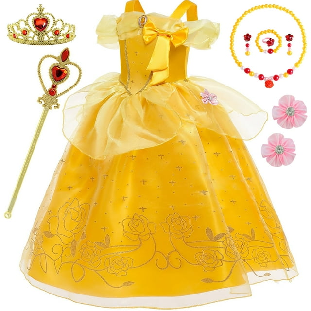 Belle Costumes for Girls Kids Princess Belle Dress Up Birthday Christmas Party with Accessories ...
