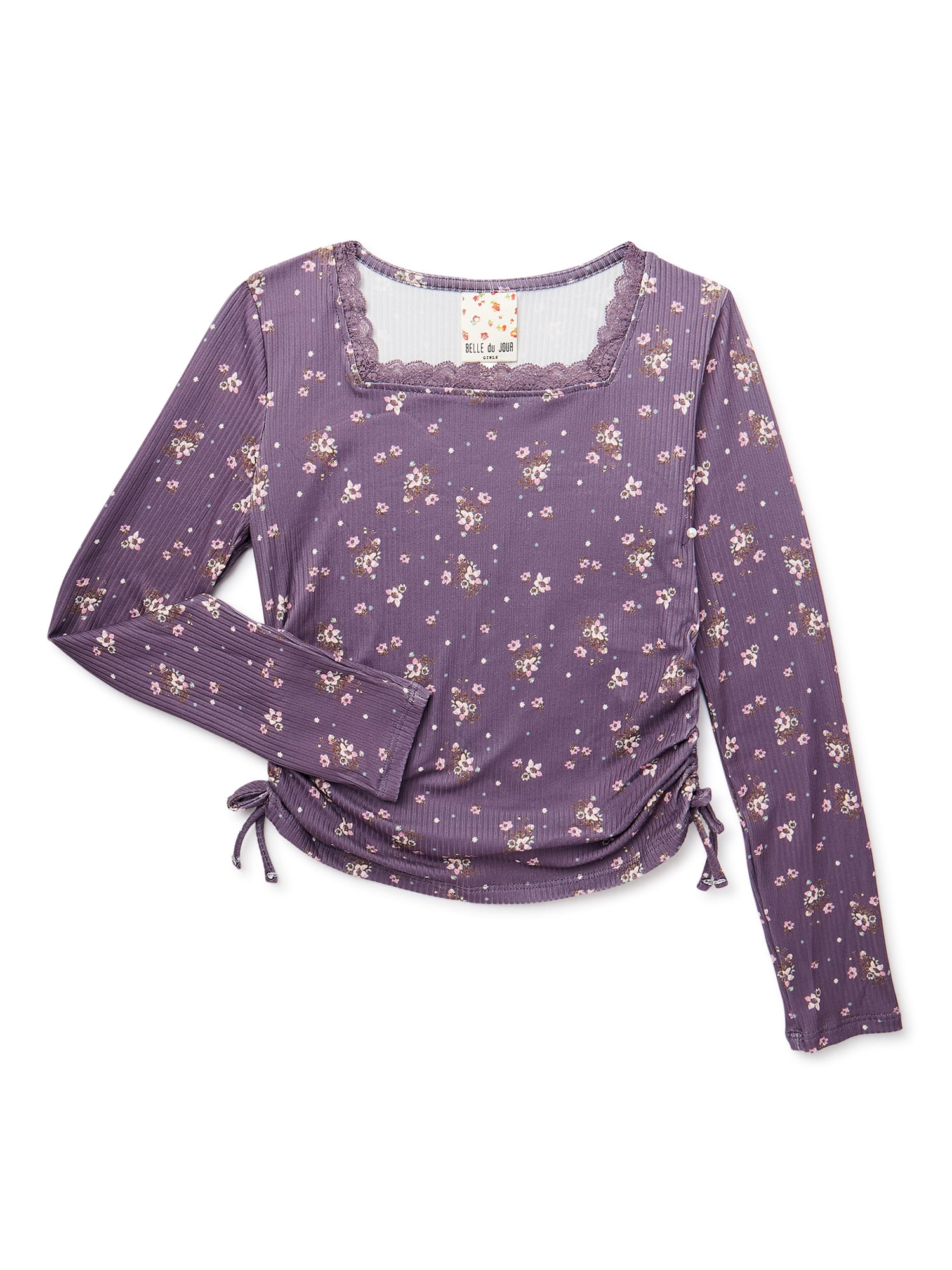 Belle Du Jour Girls Square Neck Cinch Top with Long Sleeves, Sizes 7-16 ...