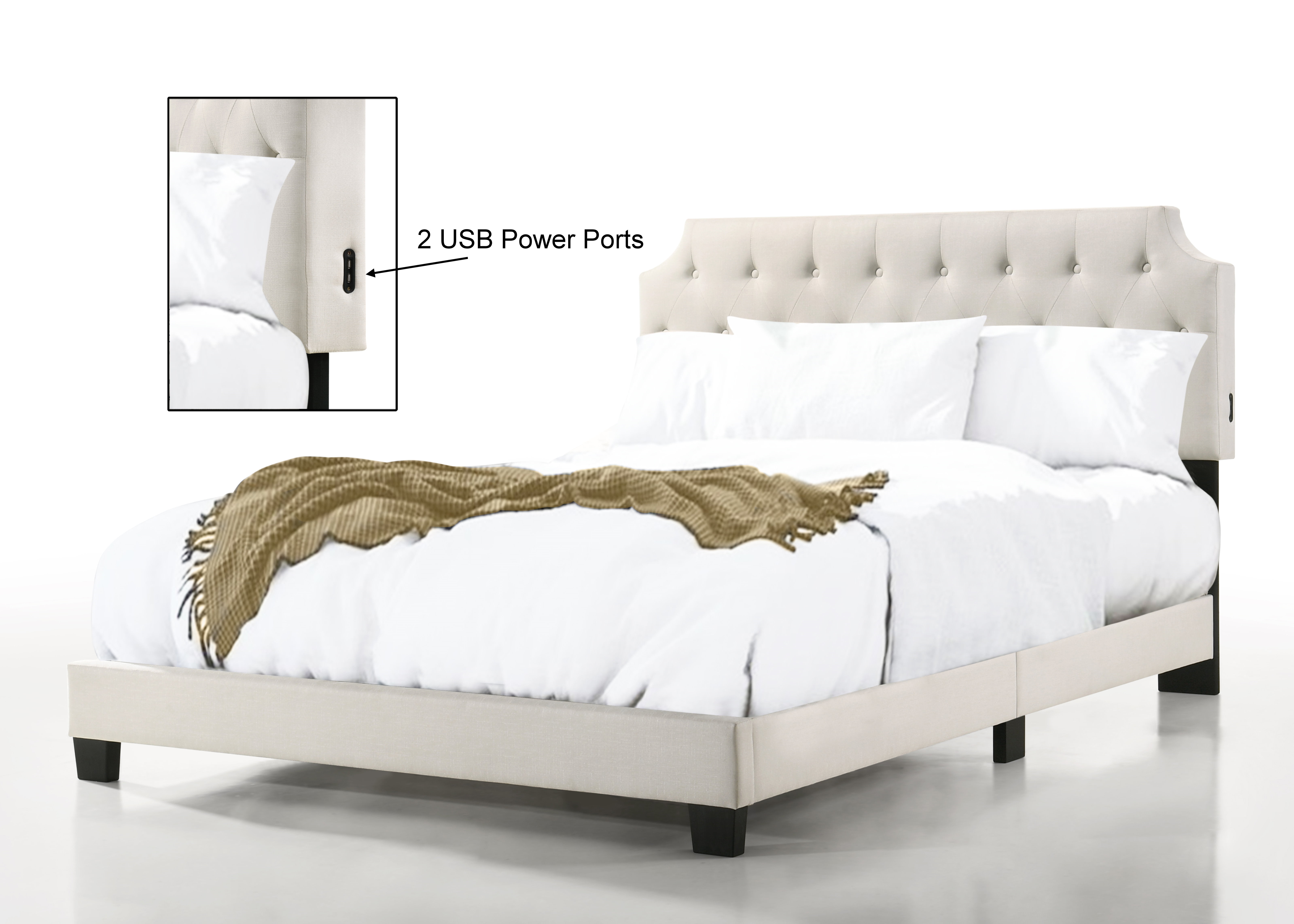 Belle Isle Furniture Full Linen Tufted Bed with USB Power Connection ...