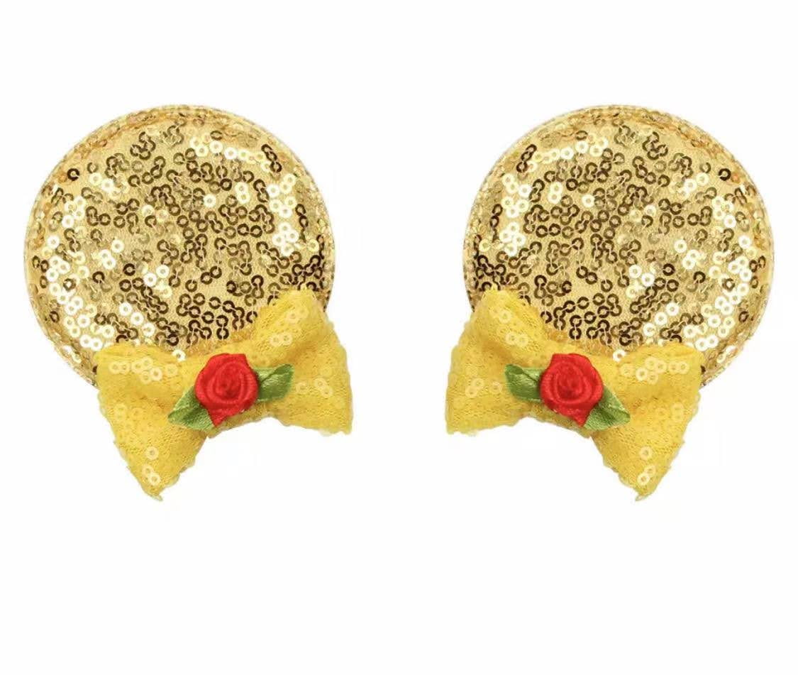 Belle Minnie Ears Hair Clip, Yellow Minnie Ear Clips, Gold Mickey Ears ...