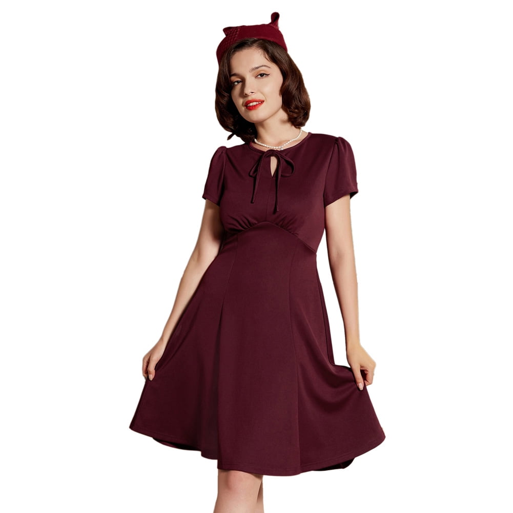 Belle Poque Women Vintage Defined Waist Dress Puffed Short Sleeve Crew ...