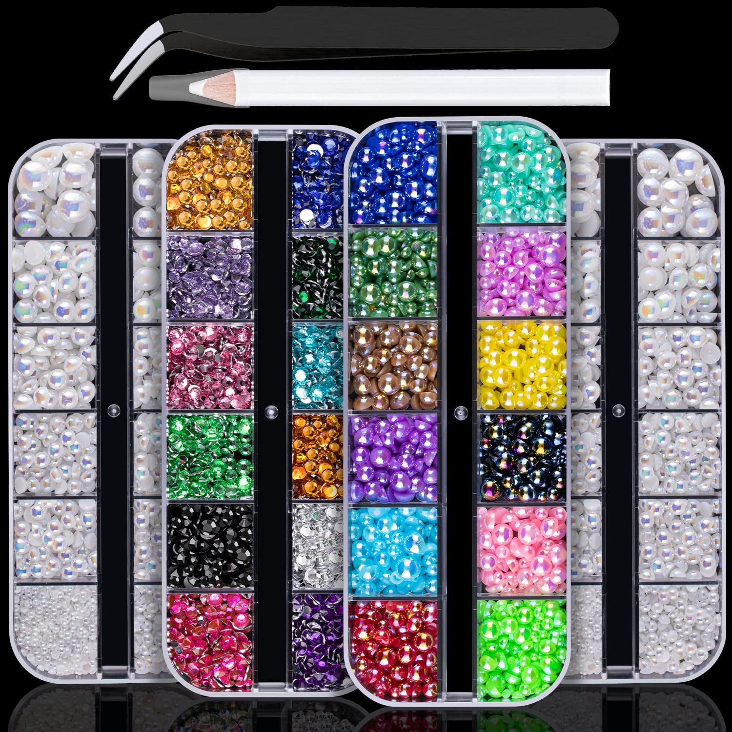 Belleboost 4 Boxes Flat Back Rhinestone&Pearls Kits Flatback Round Mixed Color Gems+ColorfulAB ...