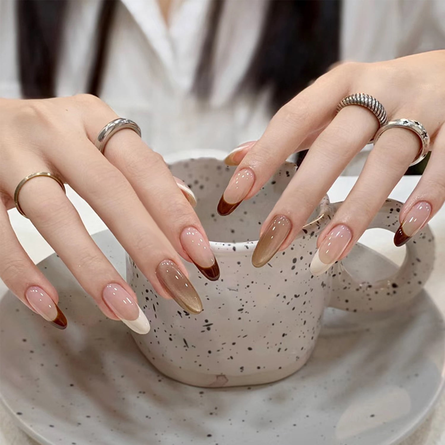 Bellecrey Perfect Handmade French Tip Press On Nails,Long Coffin Glue ...