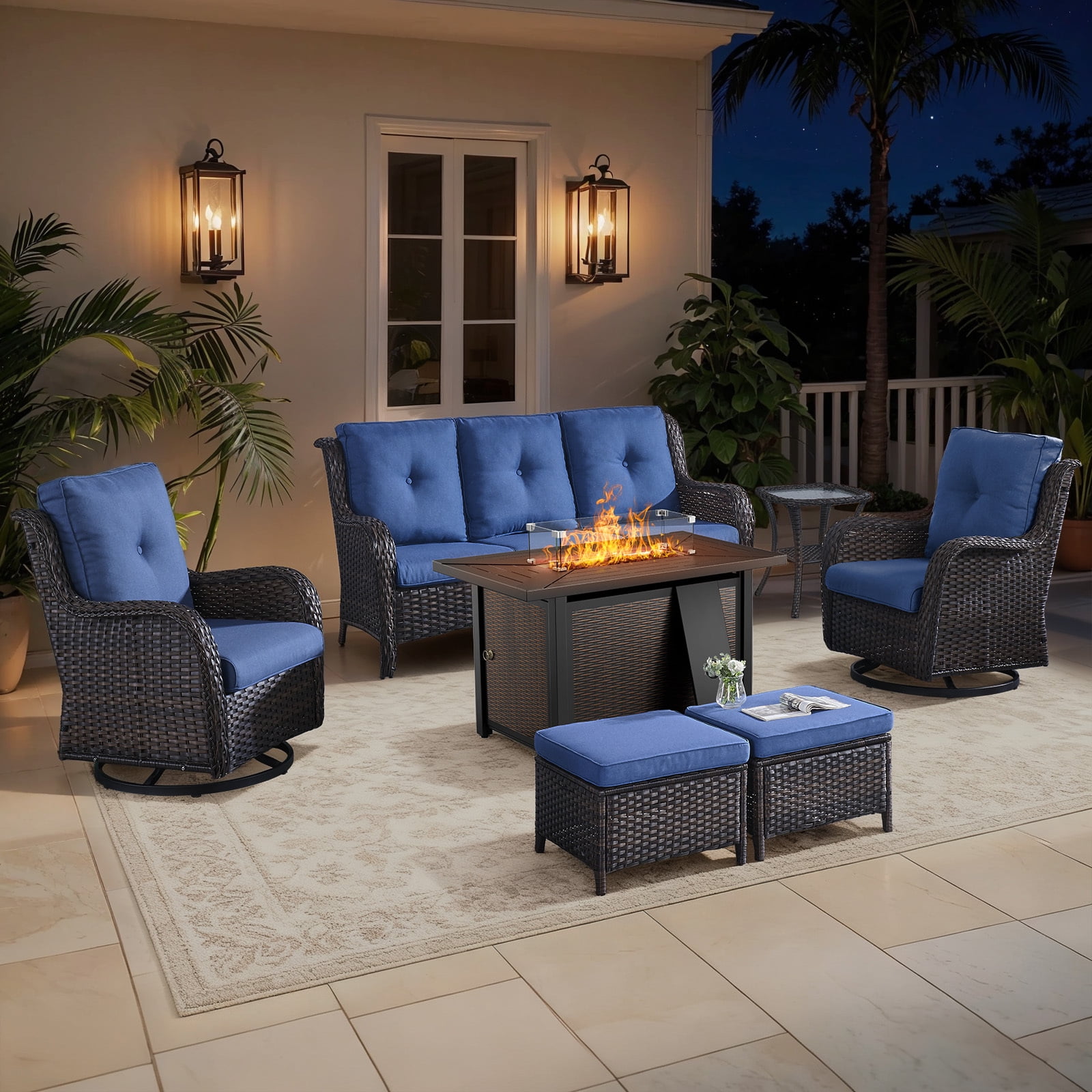 Bellefurn 7 Pieces Patio Furniture Sets with Fire Pit Table and Swivel ...