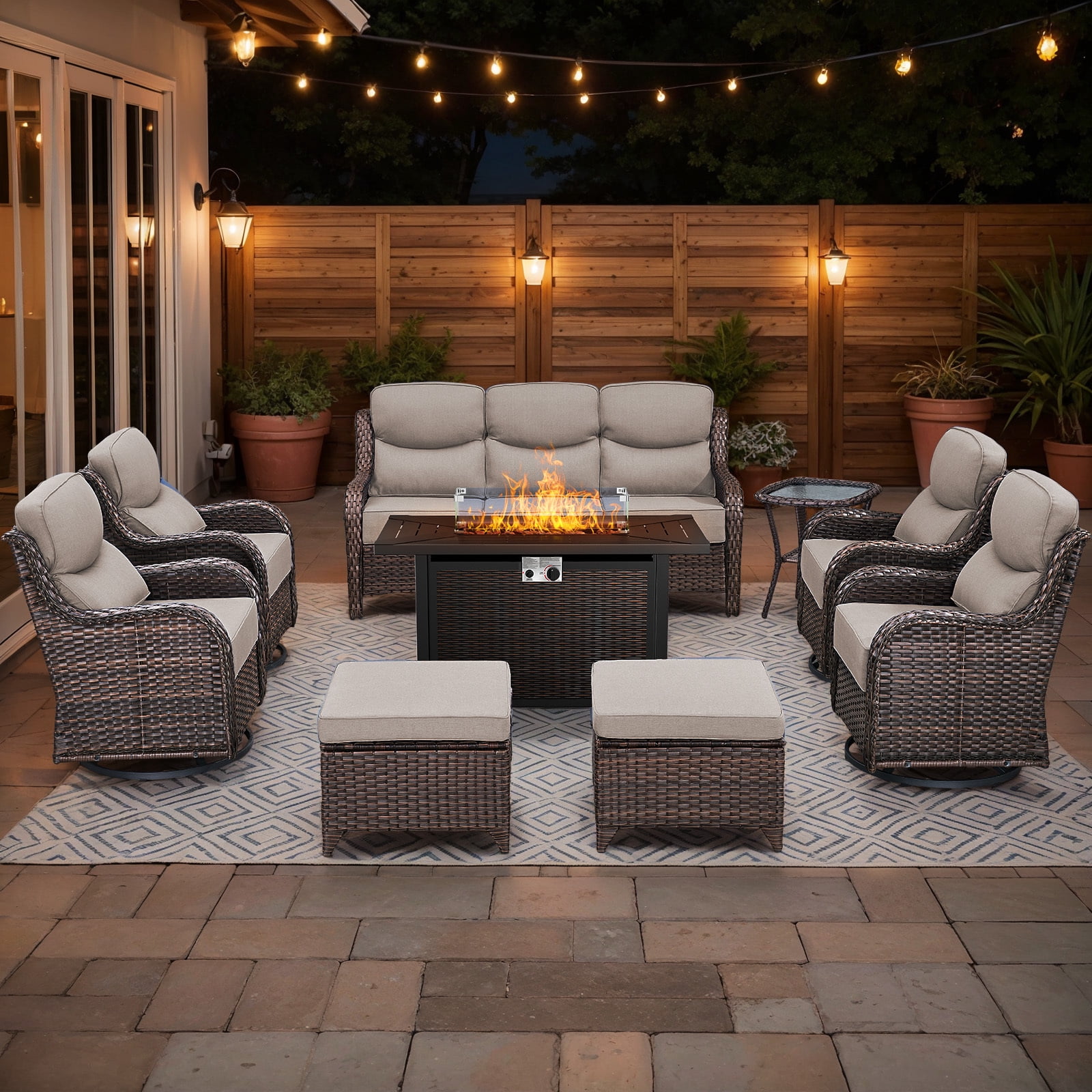 Bellefurn 9 Pieces Patio Furniture Sets with Fire Pit Table,Swivel ...