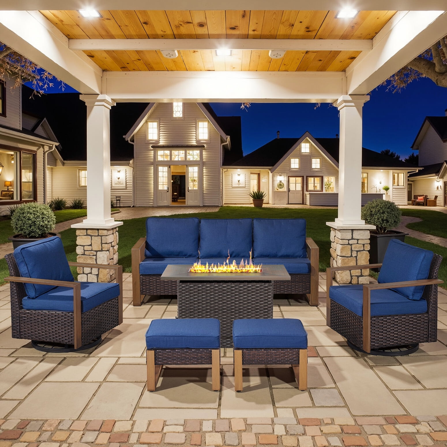 Bellefurn Luxury 6 Pieces Patio Furniture Set with 41” Propane Fire Pit ...