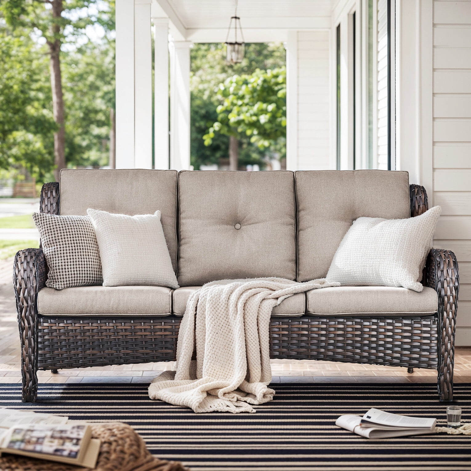 Bellefurn Outdoor Patio Sofa,Weather Resistant Wicker Patio 3-Seat ...