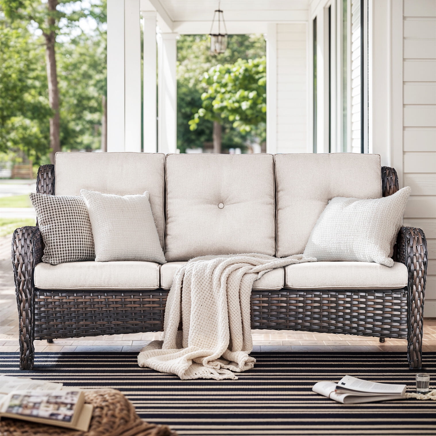 Bellefurn Outdoor Patio Sofa,Weather Resistant Wicker Patio 3-Seat ...
