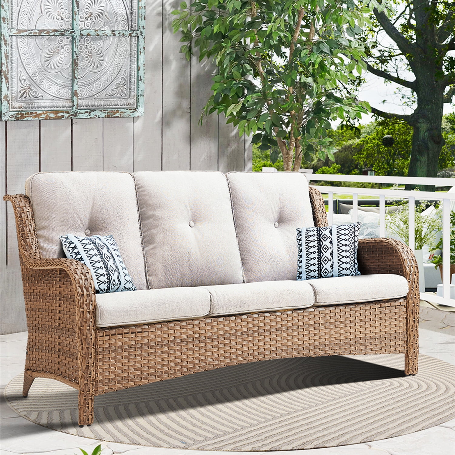 Bellefurn Outdoor Patio Sofa,Weather Resistant Wicker Patio 3-Seat ...