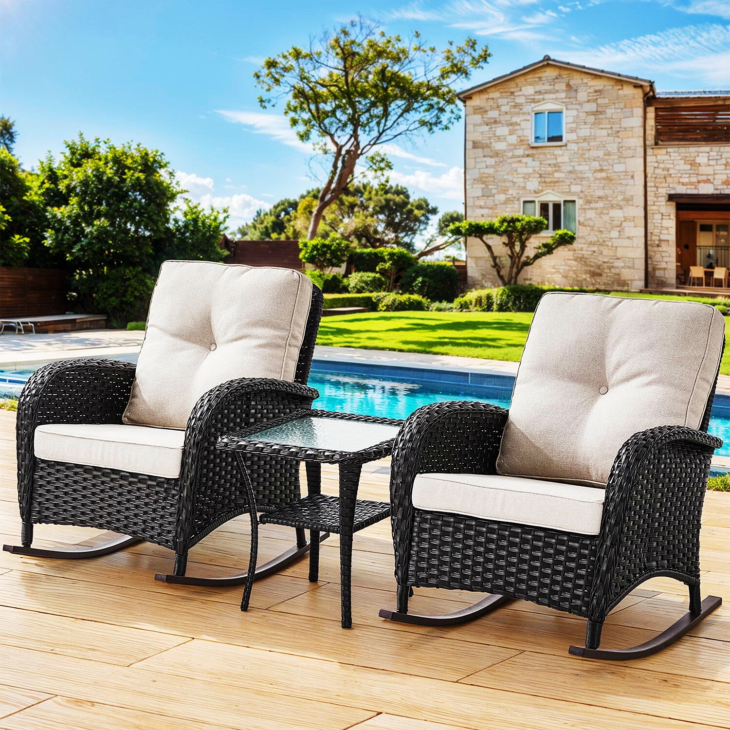 Bellefurn Outdoor Patio Rocking Chairs Set of 2,Outdoor Wicker Rockers ...
