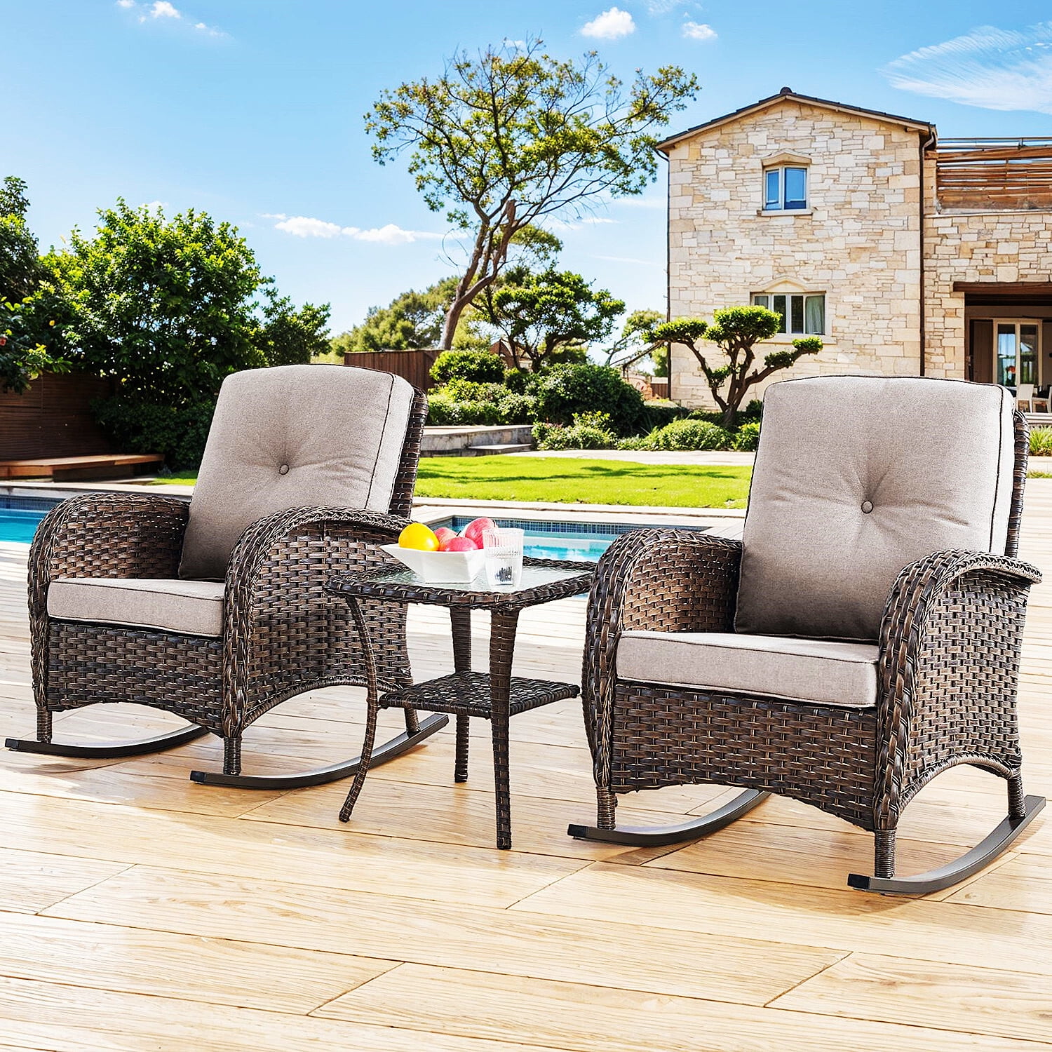Bellefurn Outdoor Patio Rocking Chairs Set of 2,Outdoor Wicker Rockers ...