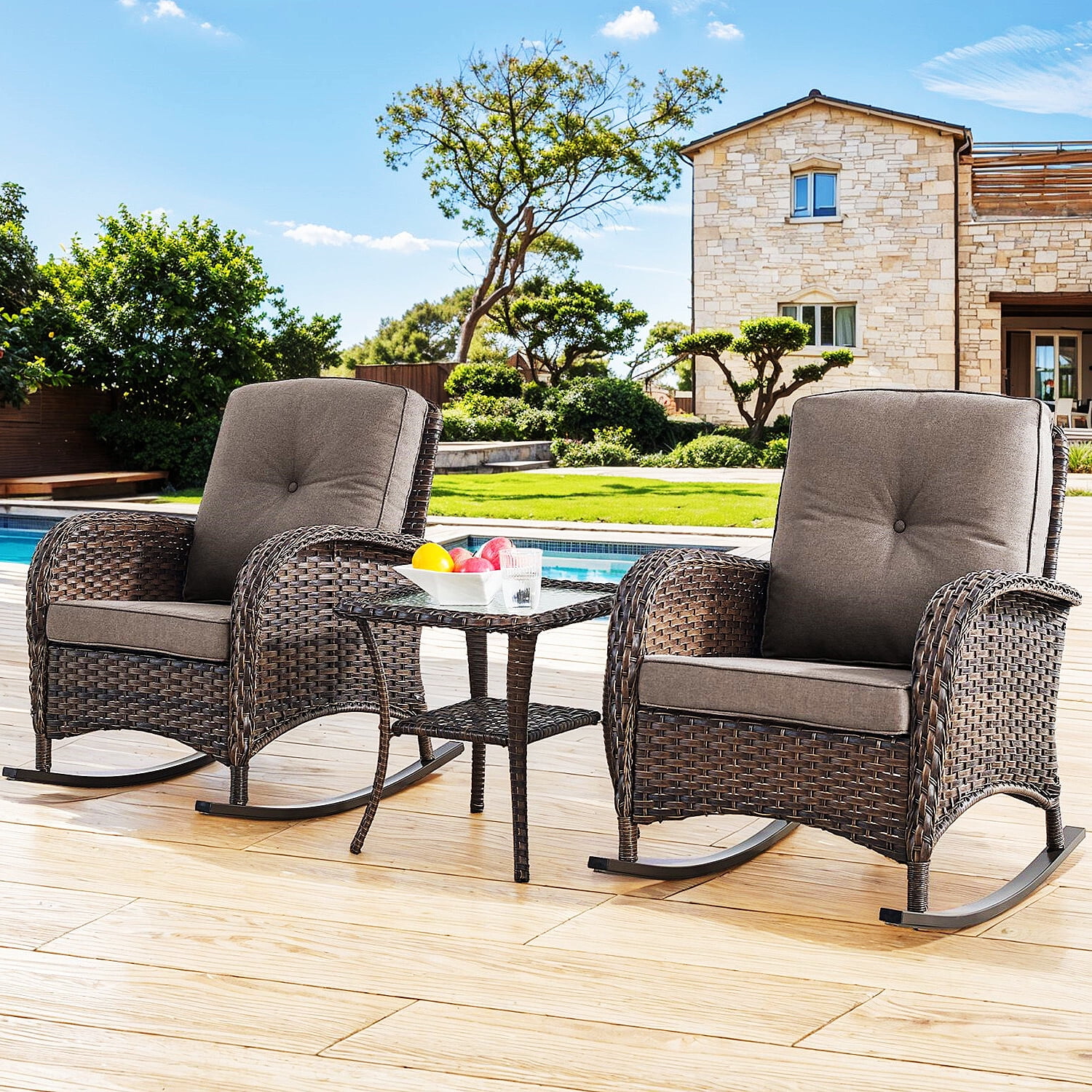 Bellefurn Outdoor Patio Rocking Chairs Set of 2,Outdoor Wicker Rockers ...