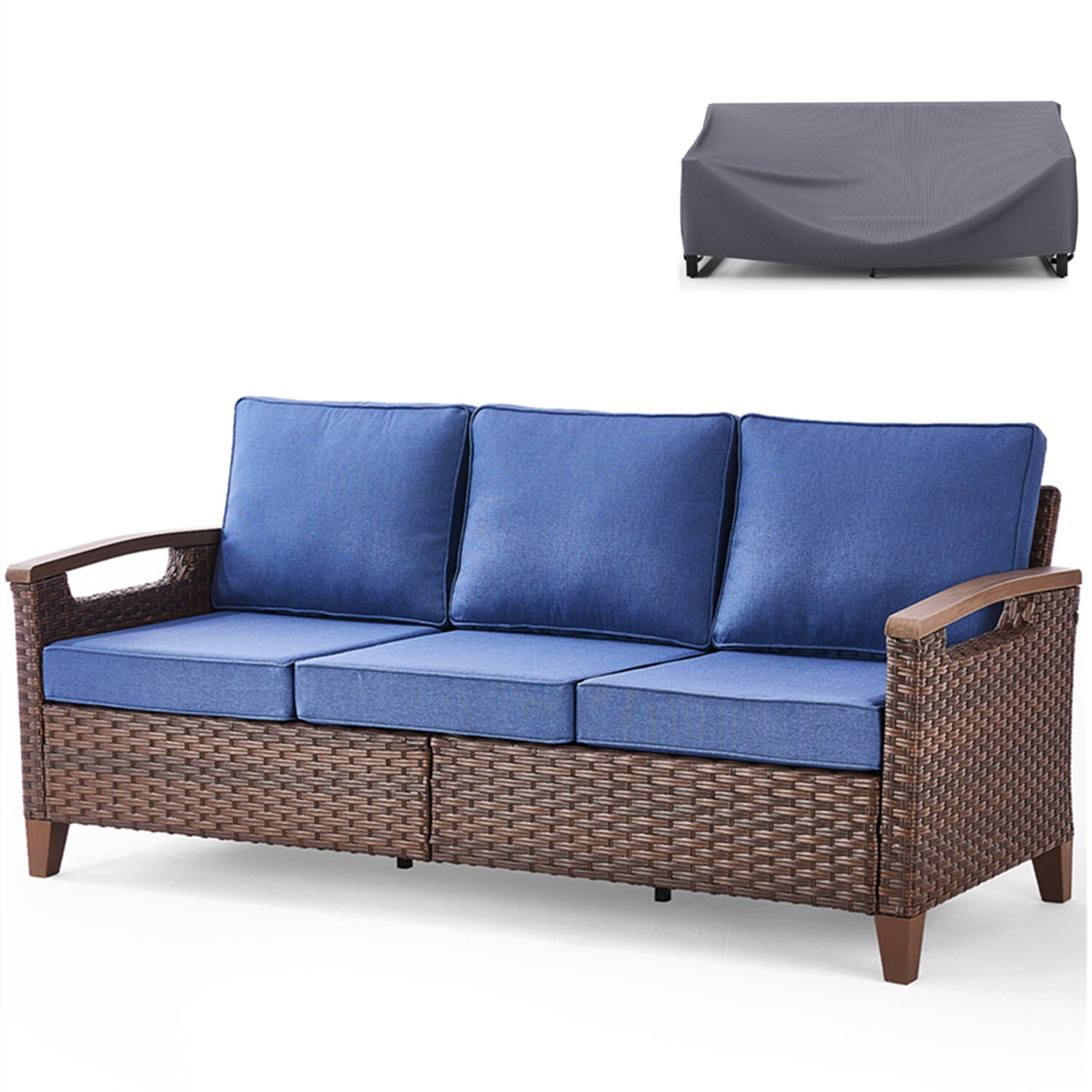 Bellefurn Patio 3-Seat Sofa Outdoor Wicker Couch with Sofa Cover ...