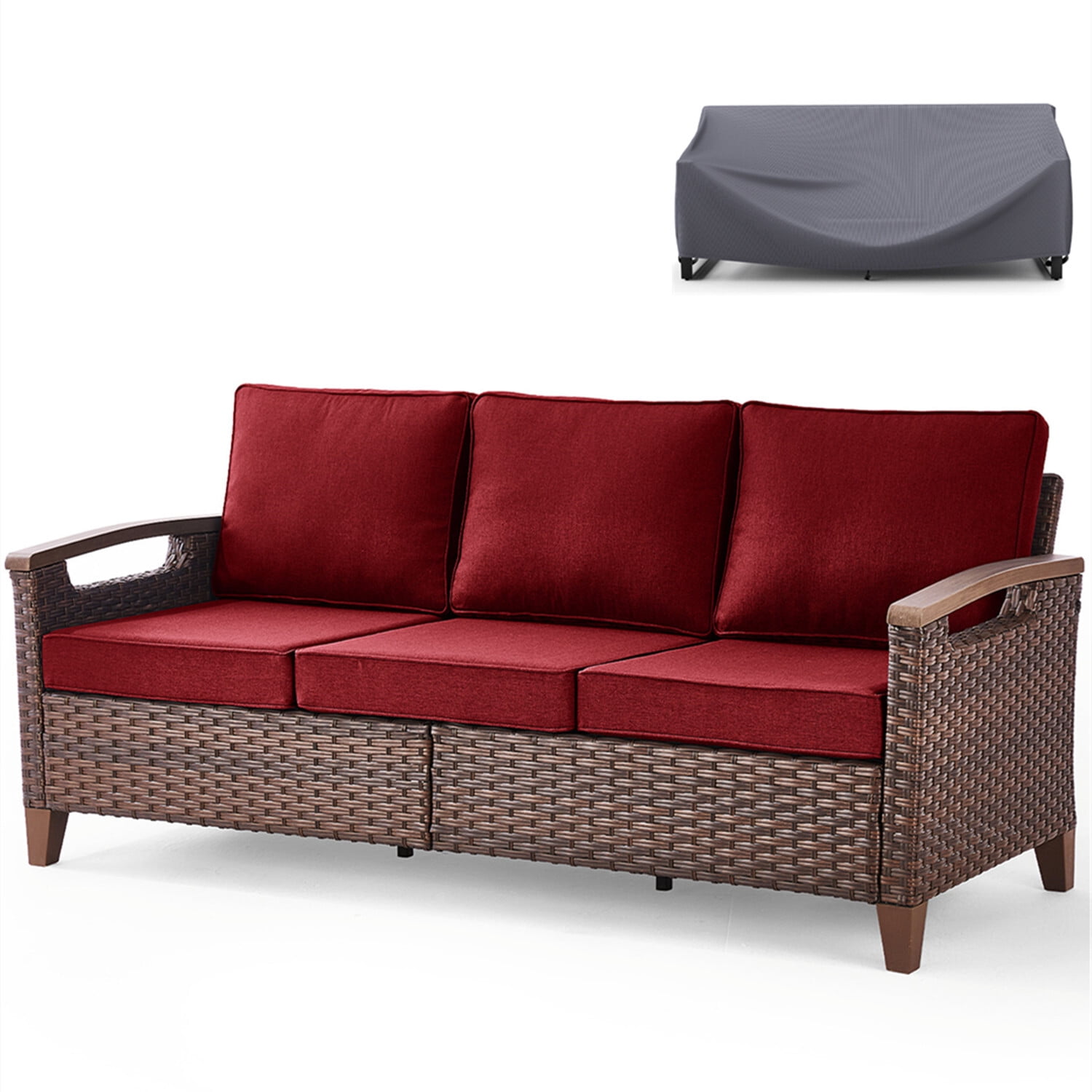 Bellefurn Patio 3-Seat Sofa Outdoor Wicker Couch with Sofa Cover ...