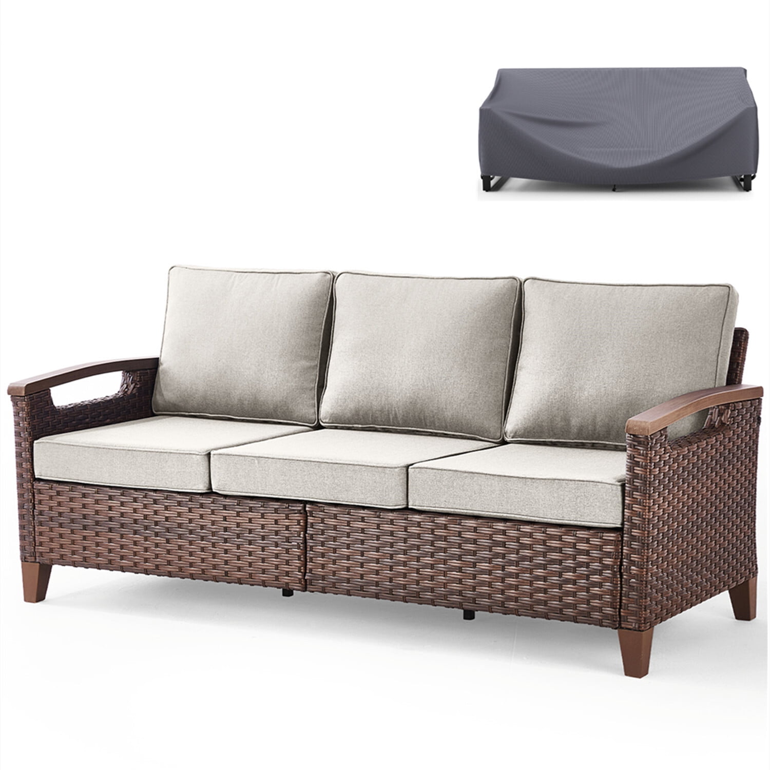 Bellefurn Patio 3-Seat Sofa Outdoor Wicker Couch with Sofa Cover ...