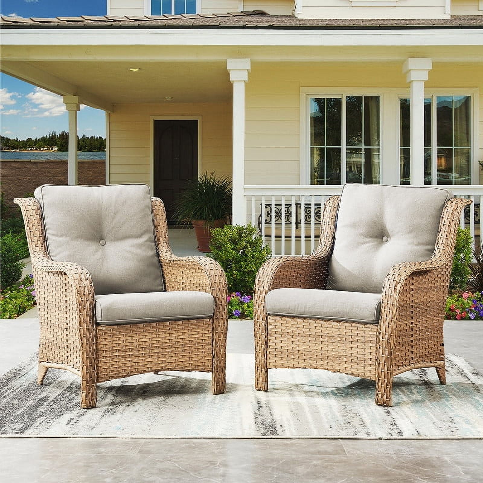 Bellefurn Patio Wicker Chairs Set of 2,High Back Outdoor Rattan Patio ...
