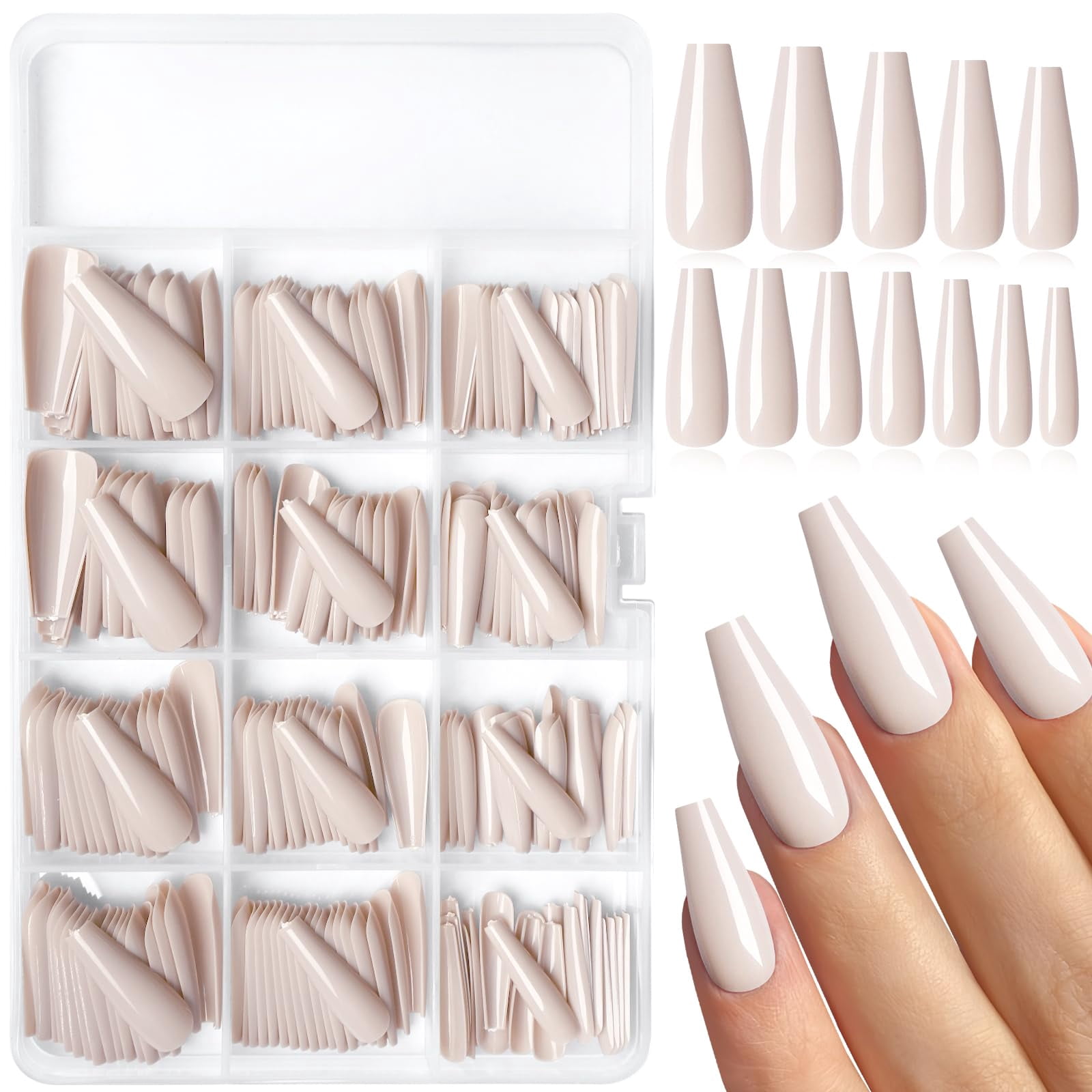 Bellelfin 240Pcs Long Press MMF7 on Nails Coffin Nails Press ons, Khaki ...