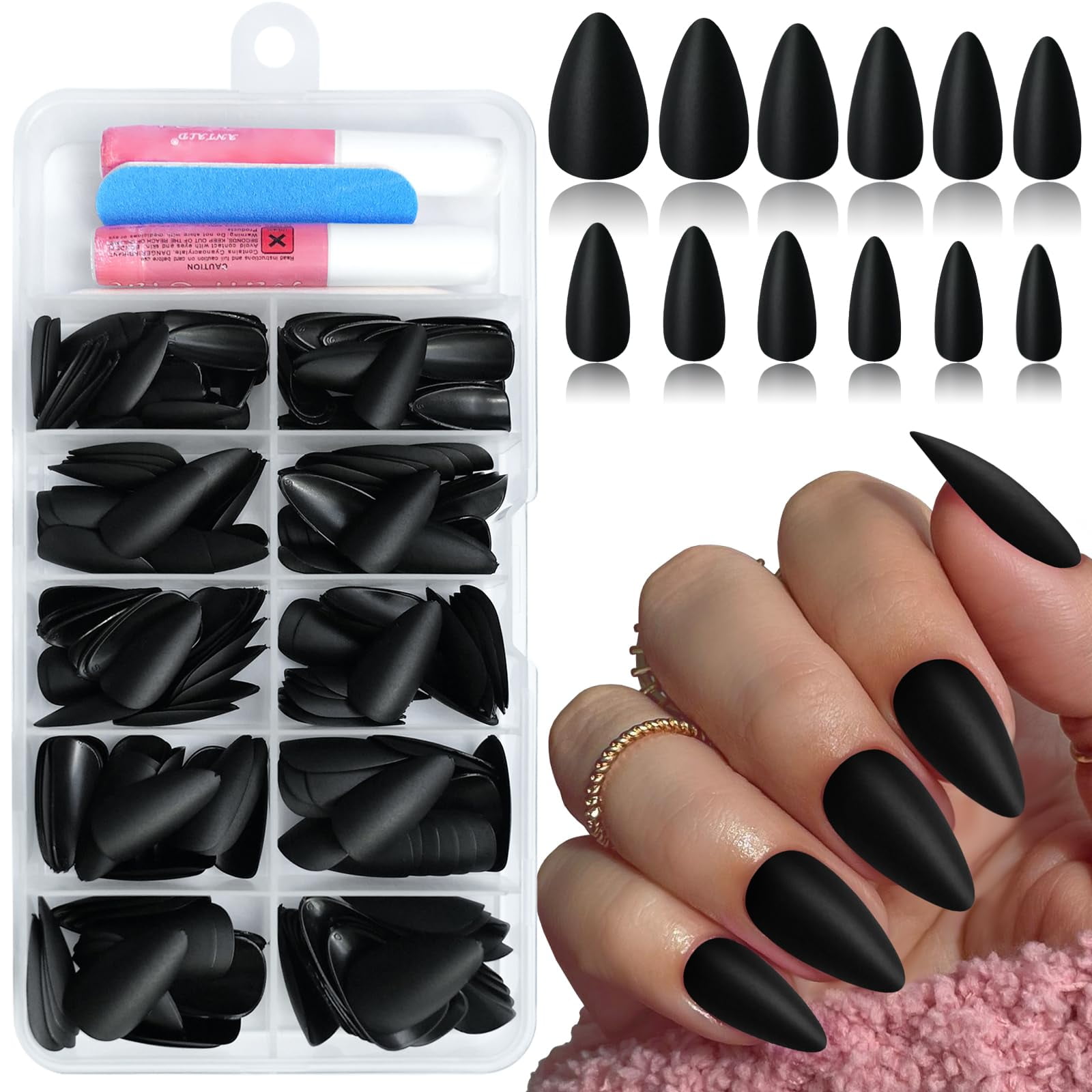 Bellelfin Short Press on MMF7 Nails Almond Black Fake Nails Matte Nails ...