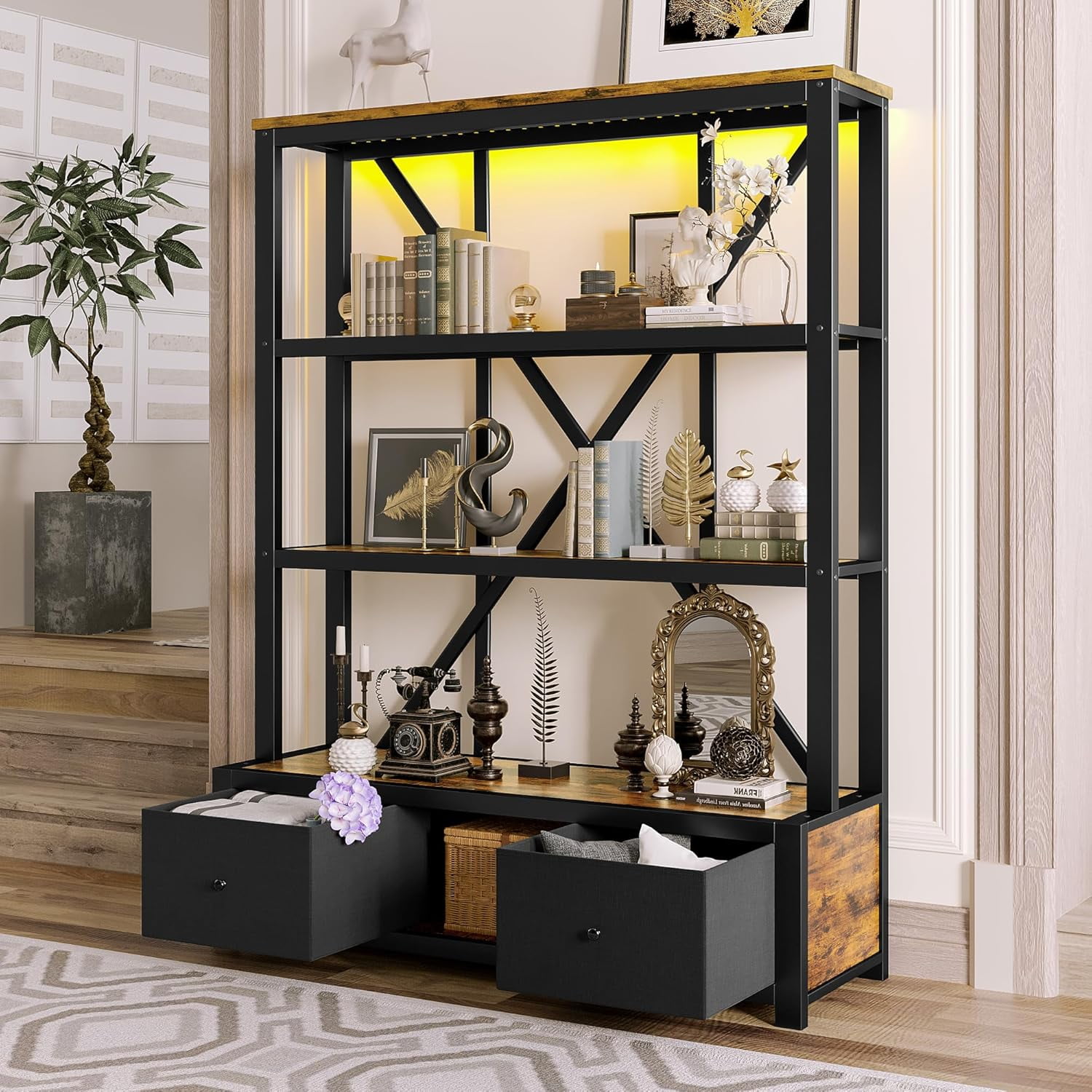 Bellemave 3 Tier Bookcase with LED Light & Drawers, Industrial Metal ...
