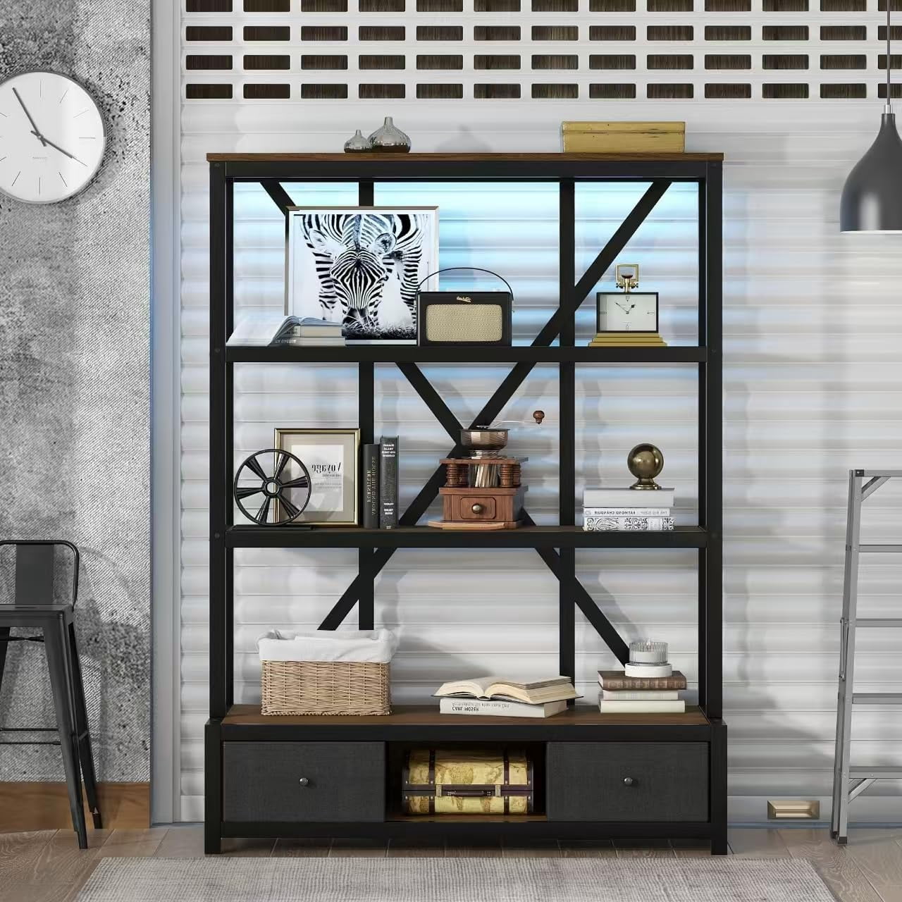 Bellemave 3 Tier Bookcase with LED Light & Drawers, Industrial Metal ...