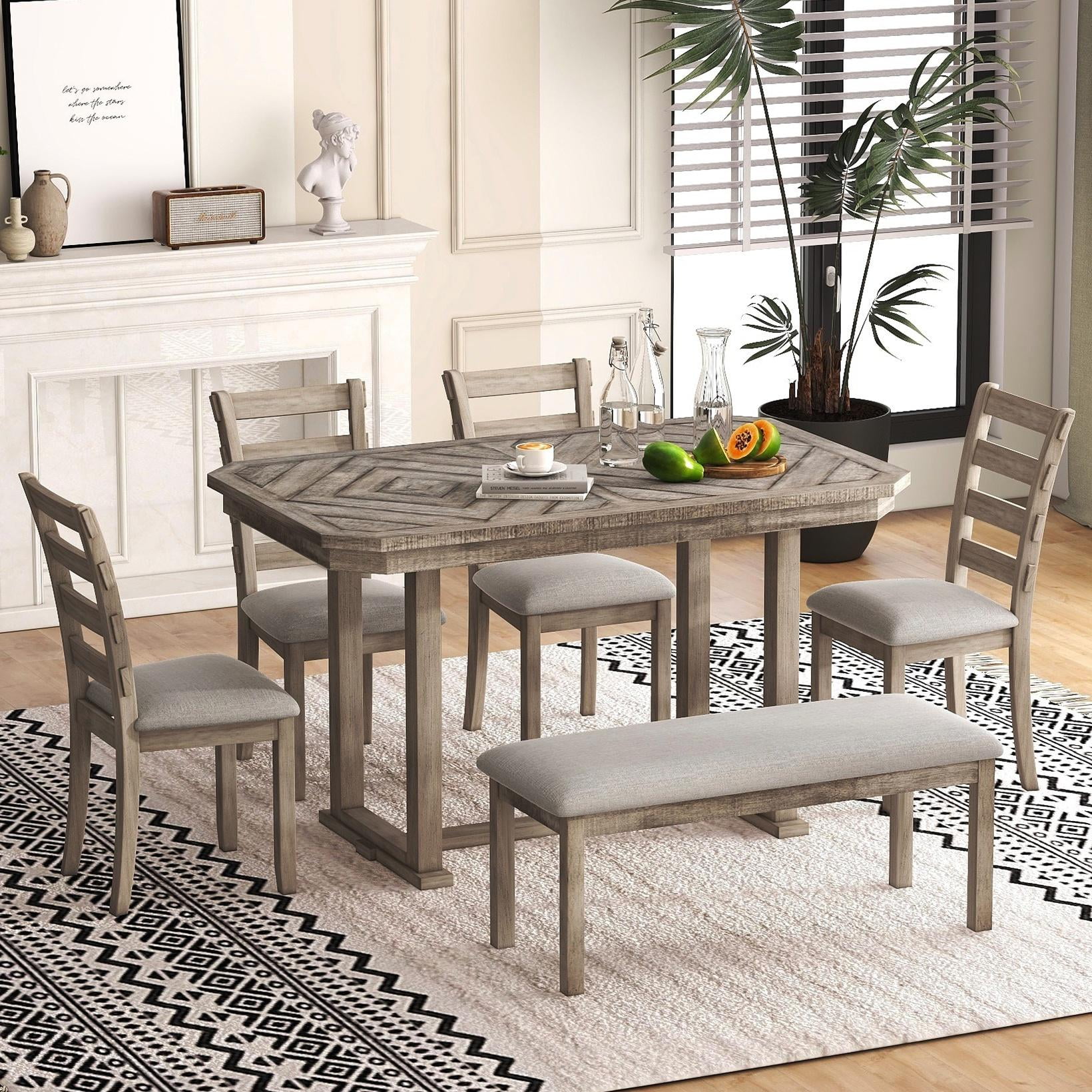 Bellemave 6-Piece Dining Table Set, Rubber Wood Rectangular Kitchen ...