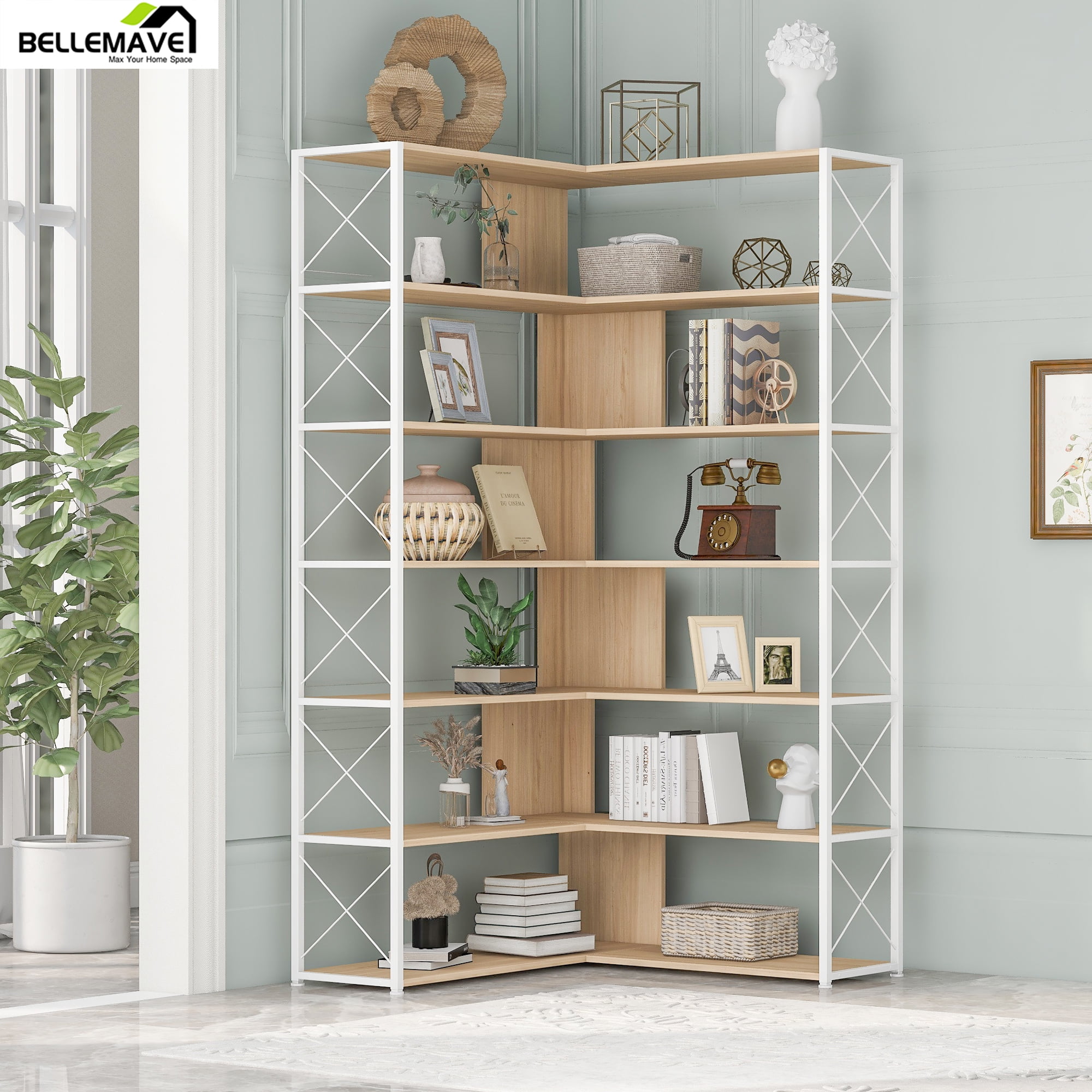 Bellemave 7-Tier Industrial L-Shaped Bookshelf with Metal Frame, Ivory ...