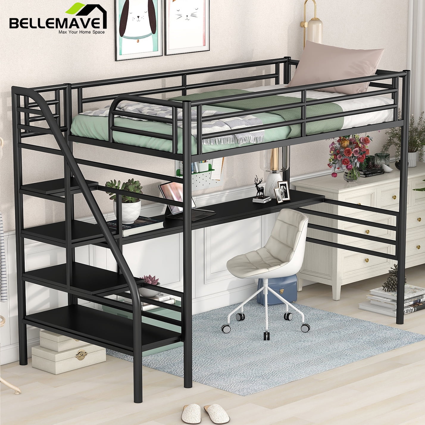 Bellemave All in One Twin Loft Bed with Desk and Storage Staircase ...