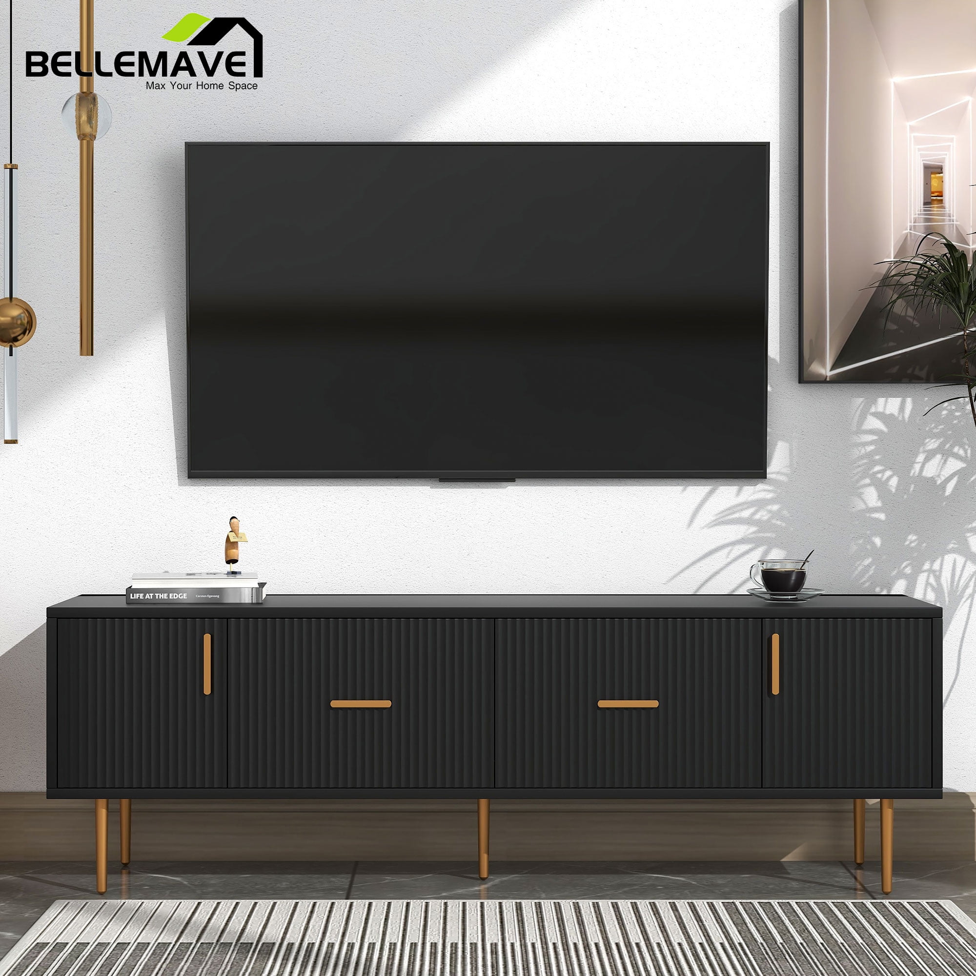 Bellemave Black Wood TV Stand with 2 Spacious Drawers and Cabinets ...