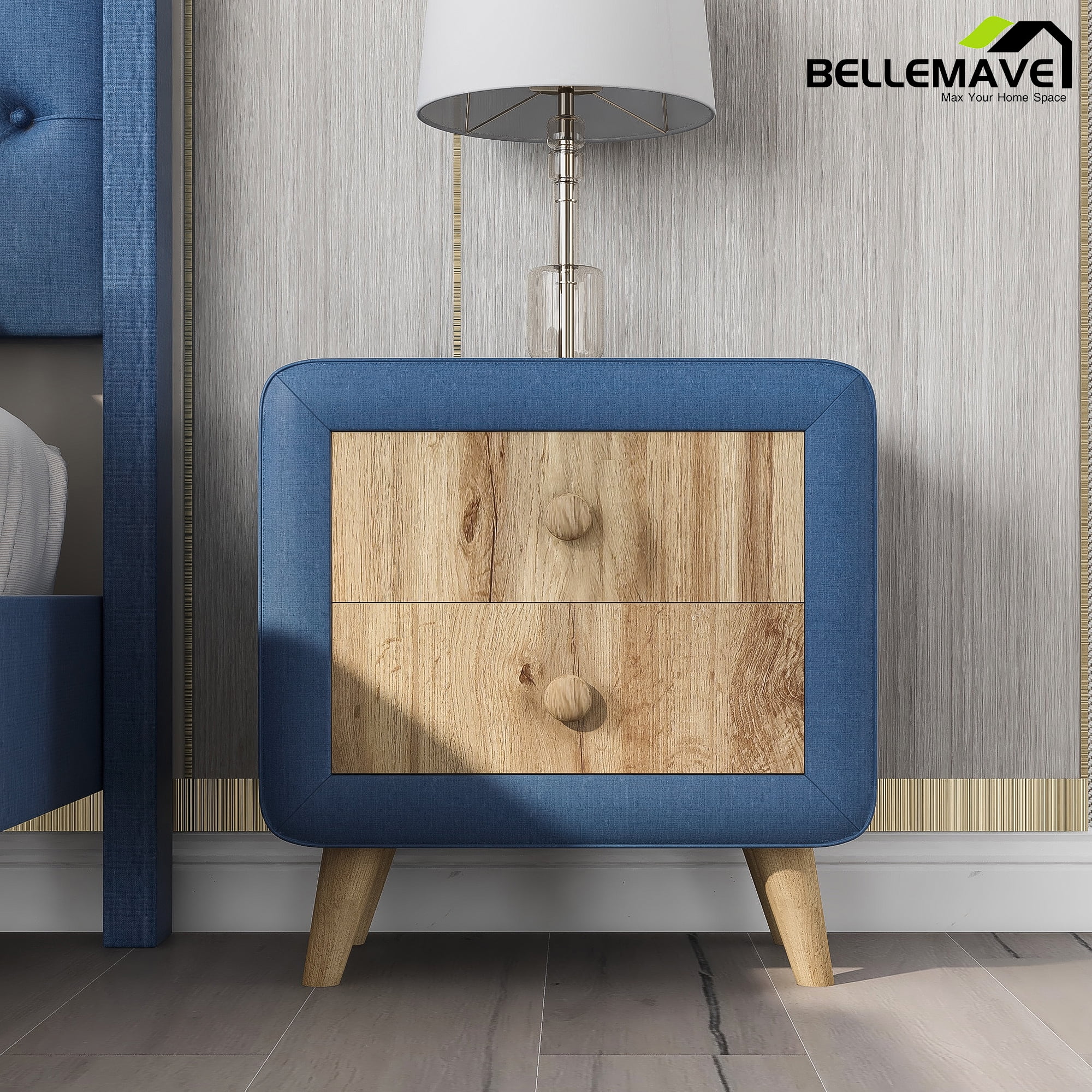 Bellemave Blue Linen Fabric Upholstered Wooden Nightstand with 2 ...