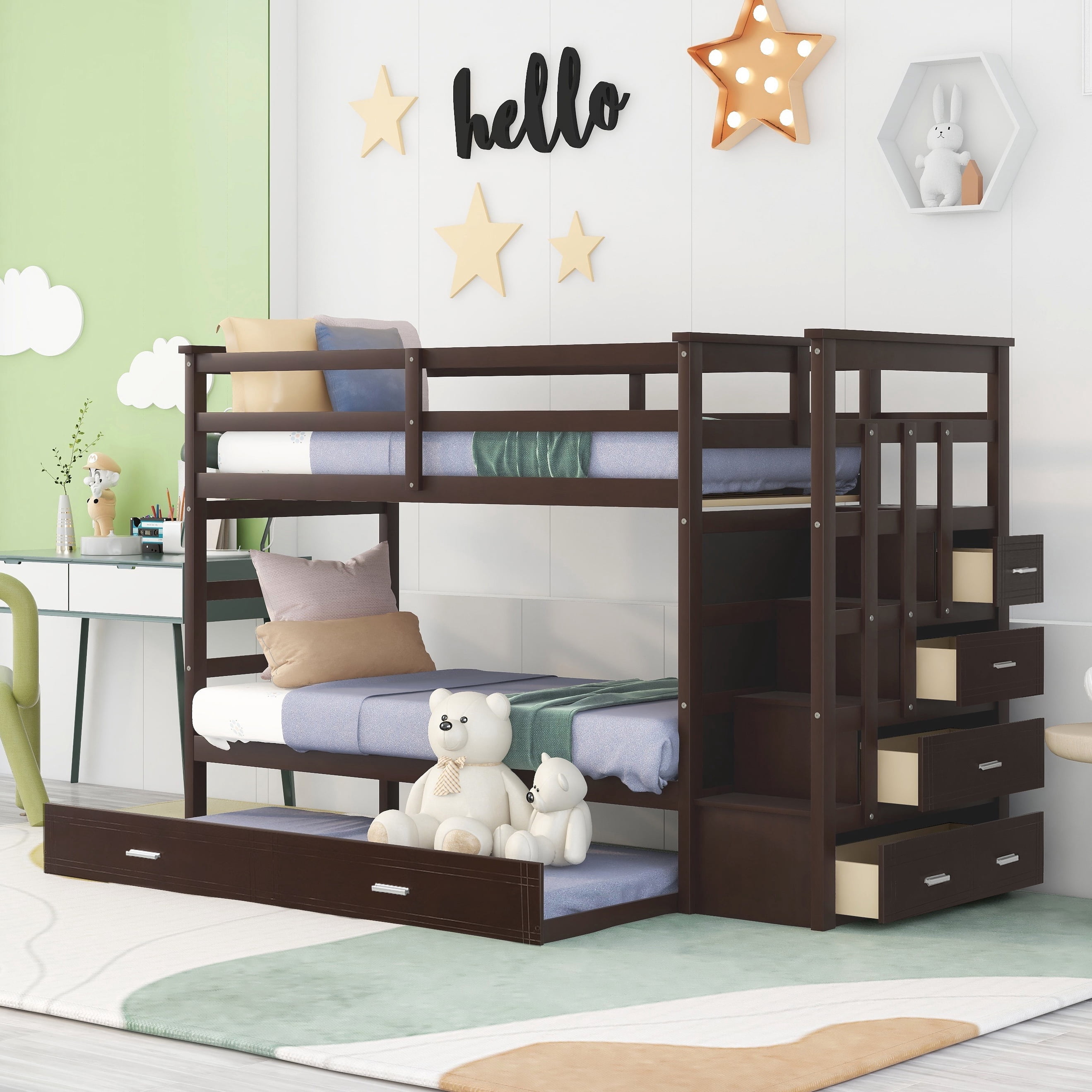 Bellemave Wooden Bunk Bed with Trundle, Stairs, Twin Over Twin ...