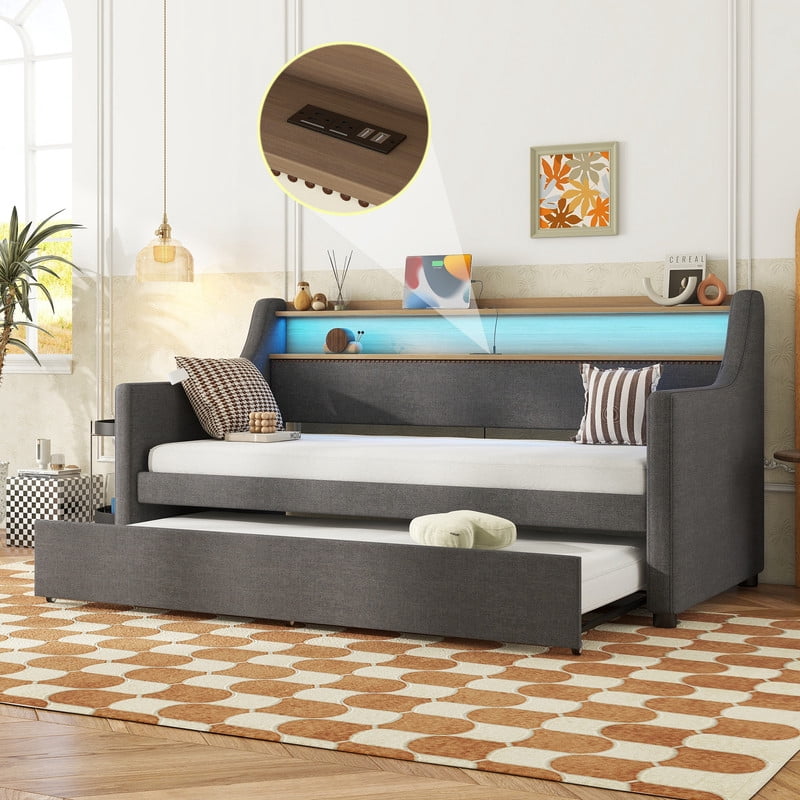 Bellemave Daybed with Trundle and LED Light, Twin Size Bed with ...