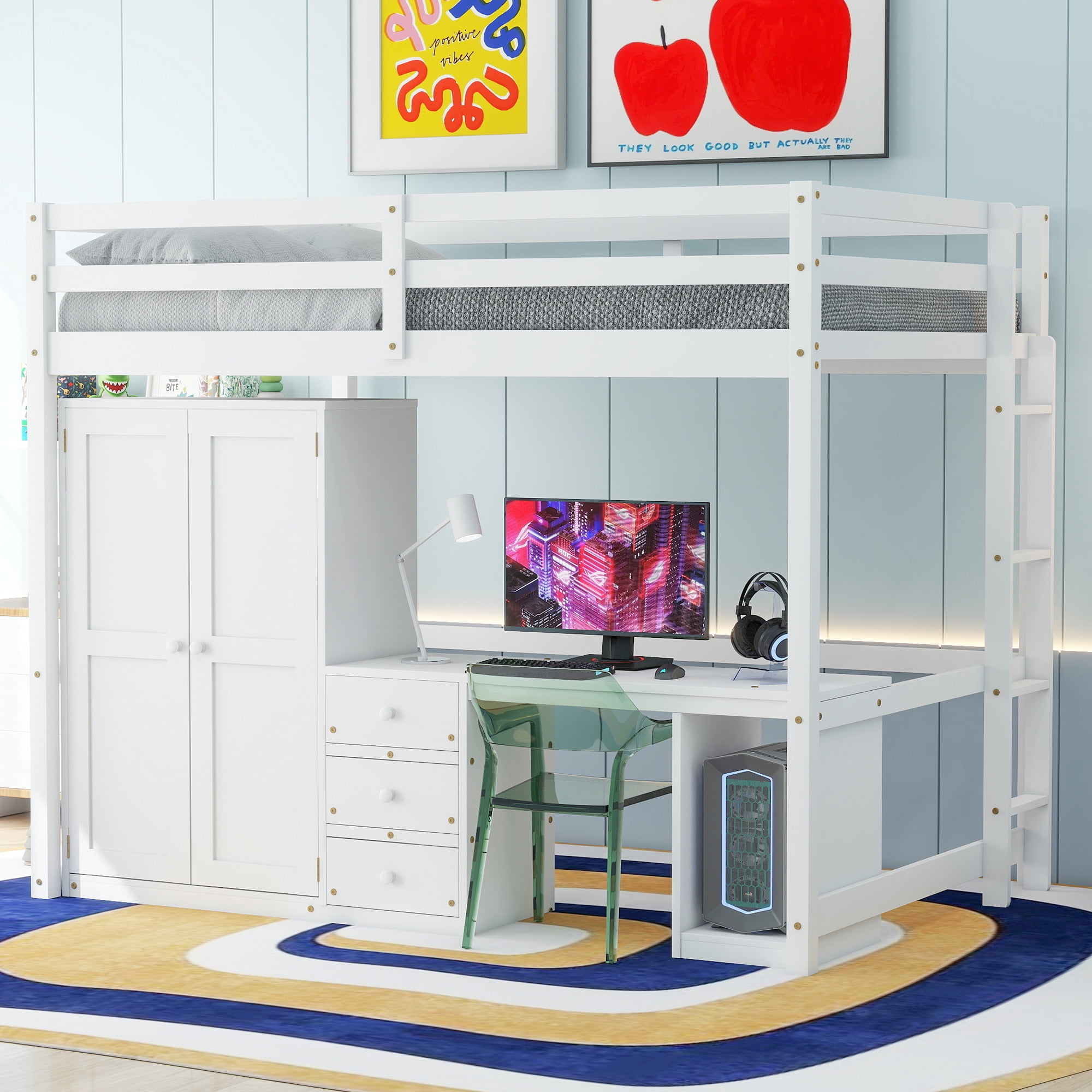Bellemave Designs Full Size Loft Bed with Desk and Wardrobe,Soild Wood Loft Bed Frame with 3 ...