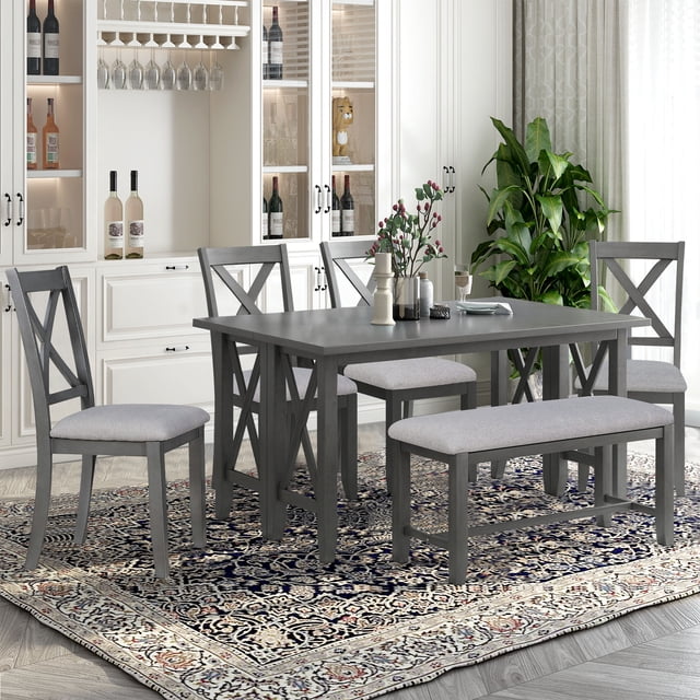Bellemave 6-Piece Dining Set, Foldable Wood Table, 4 Chairs & Bench ...