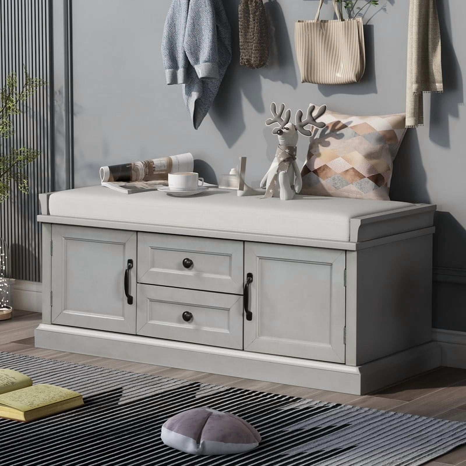Bellemave Entry Storage Bench with Cushion, Shoe Bench with 2 Drawers ...