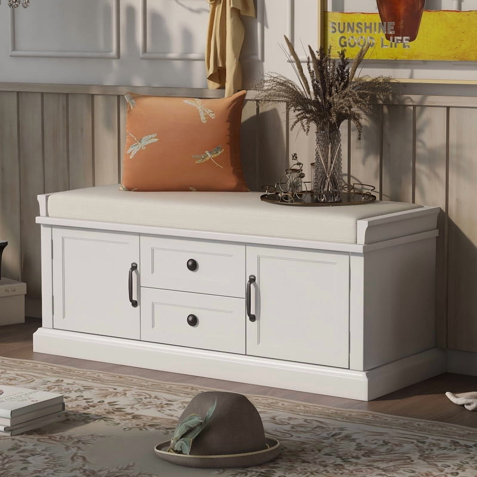 Bellemave Entry Storage Bench with Cushion, Shoe Bench with 2 Drawers ...