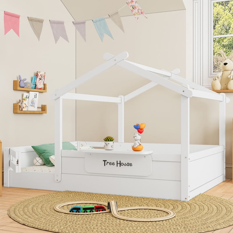 Bellemave Full Floor Bed with Guardrails and Roof, Wood House Floor ...