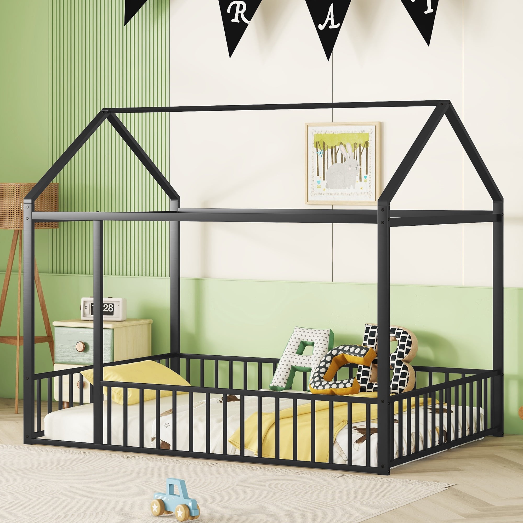 Bellemave Full Floor House Bed Metal House-shaped Bed Frame with Fence ...
