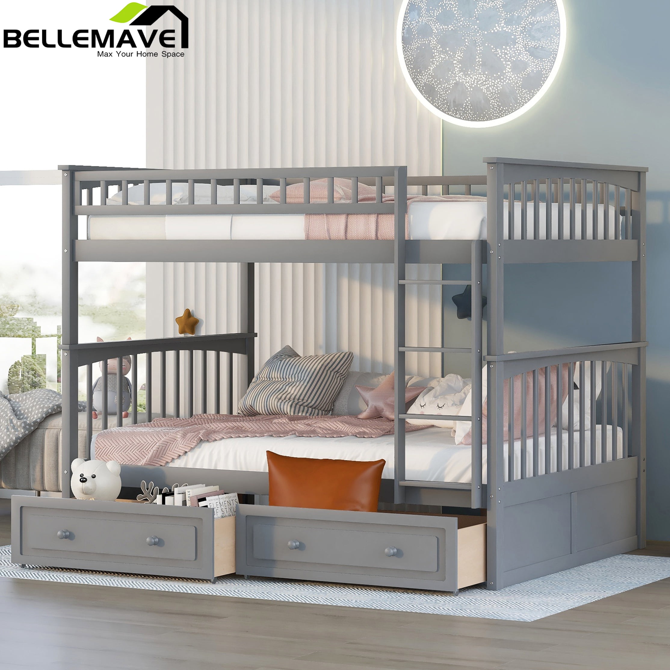 Bellemain Solid Wood Full Bunk Bed with Storage, Convertible into 2 ...