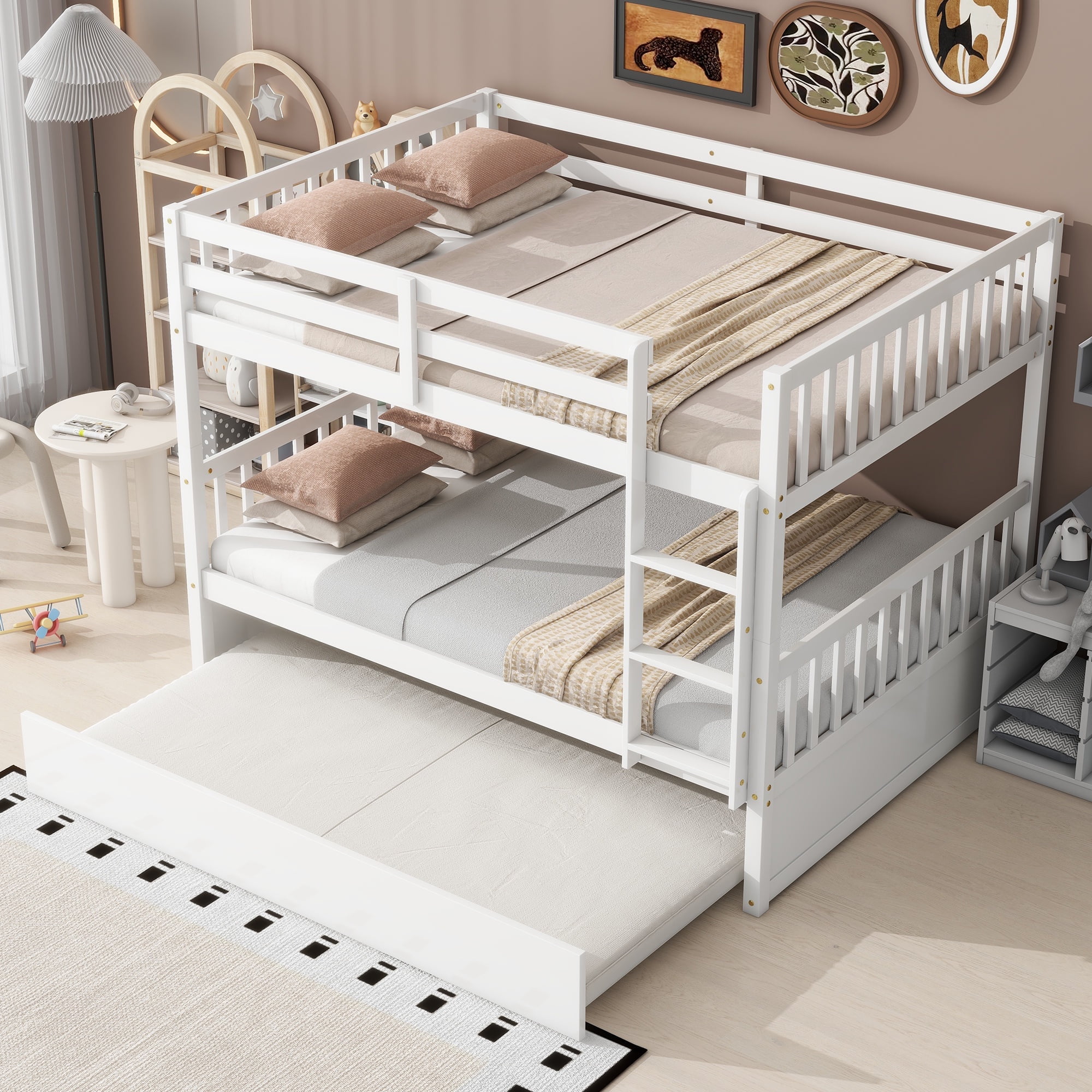 Bellemave Full Over Full Solid Rubber Wood Bunk Bed with Trundle and ...