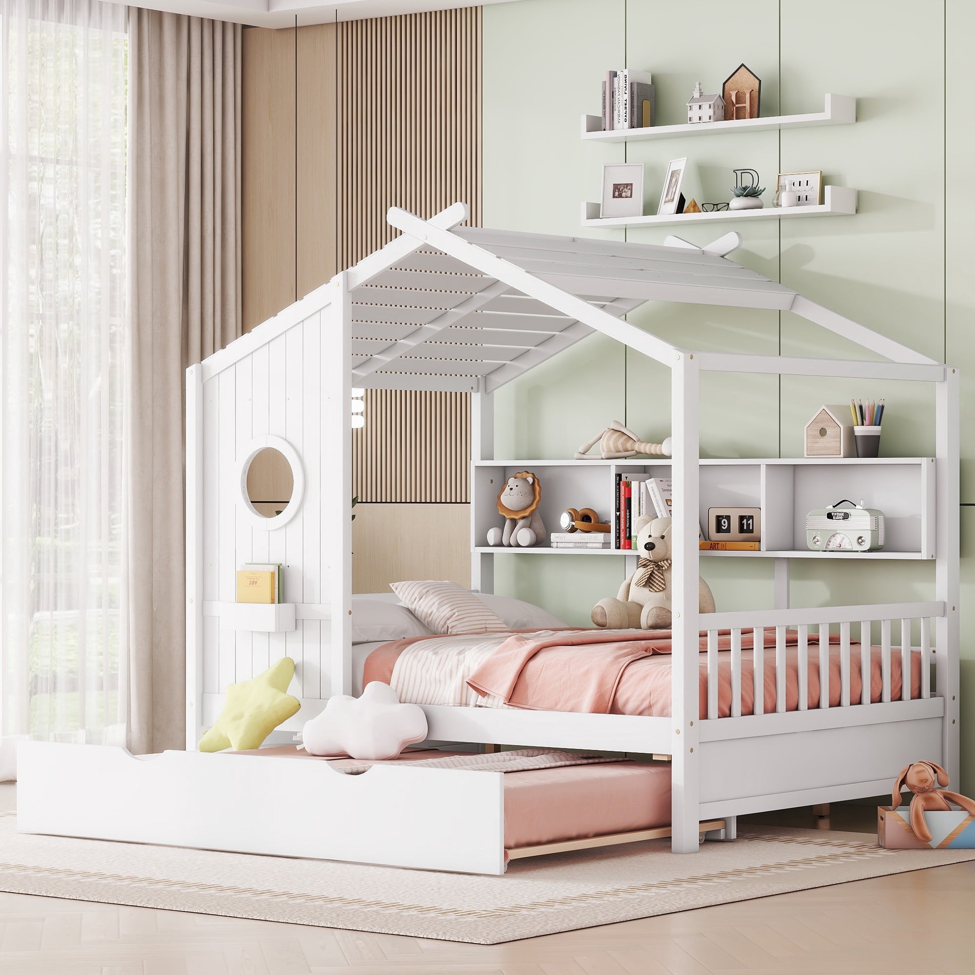 Bellemave Full Size House Bed with Trundle, Full Bed Frame with Storage ...