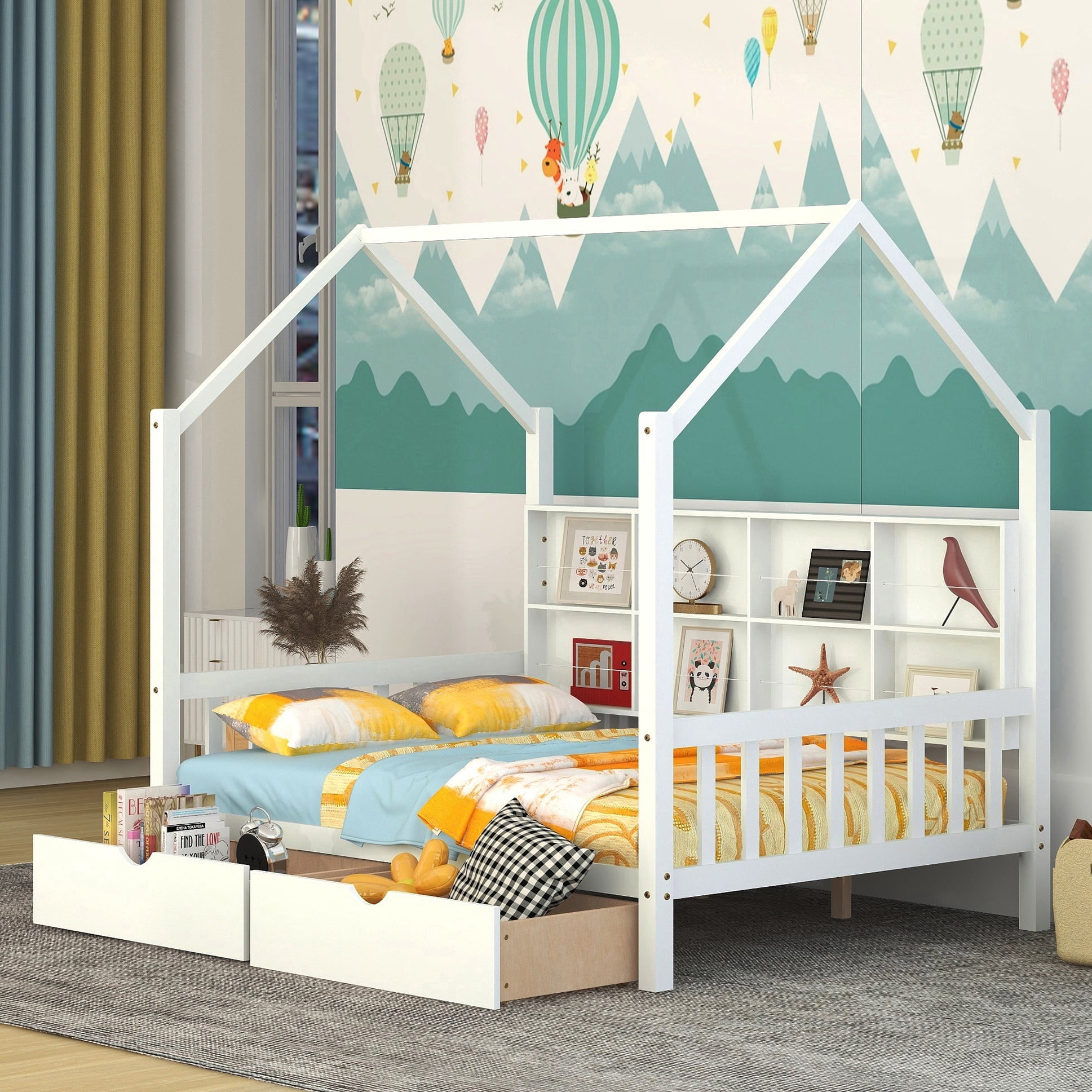 Bellemave Wood Full House Bed with Storage, Playhouse Frame for Kids ...