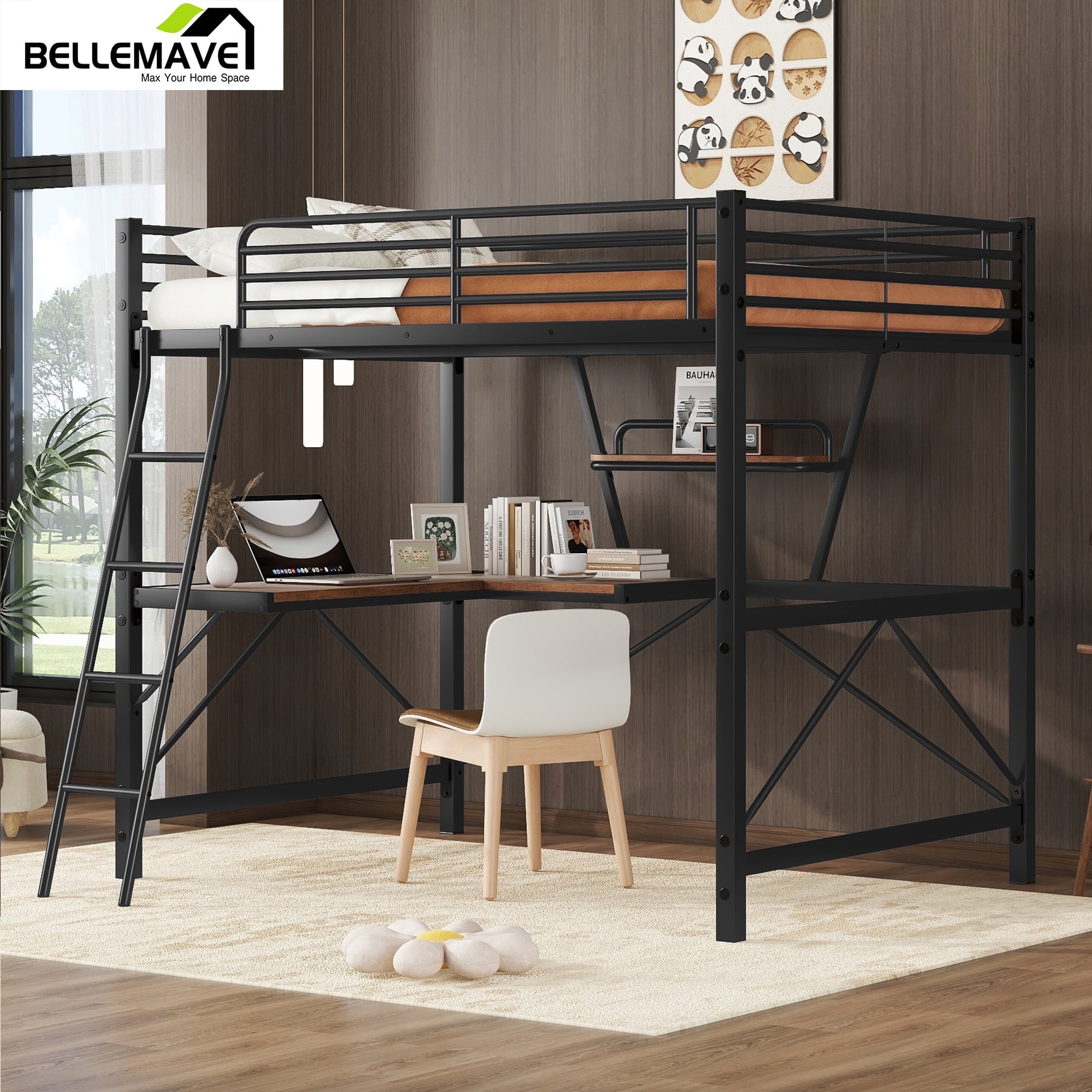 Bellemave Full Size Loft Bed with Desk, Storage Shelf, Metal Frame for ...