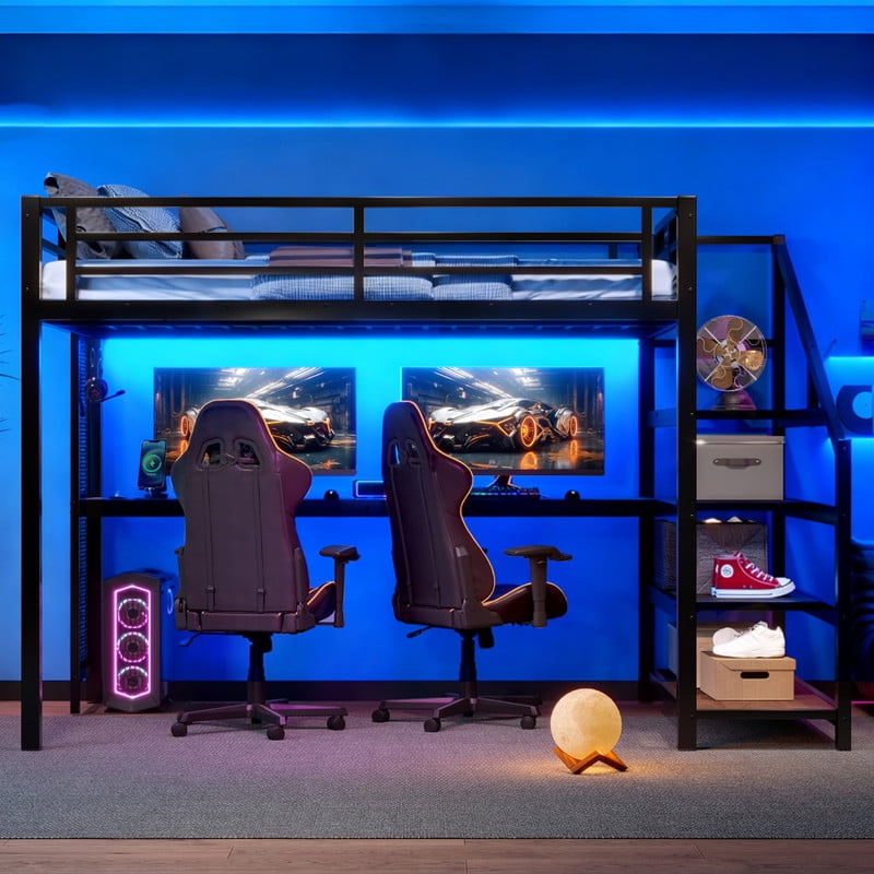 Bellemave Full Loft Bed with Stairs, Metal Loft Bed Full Size with ...