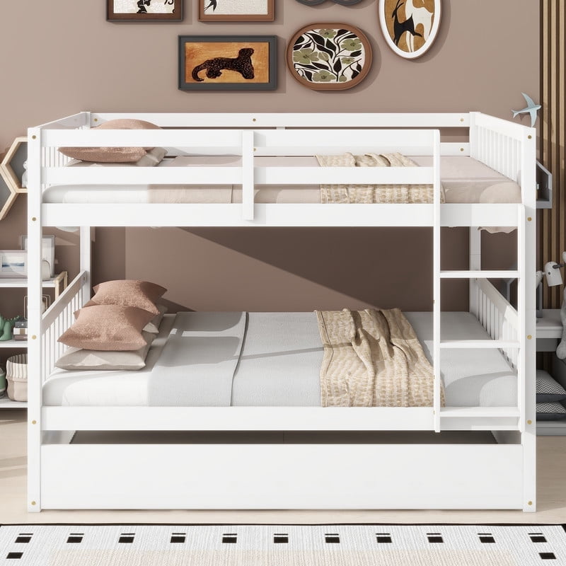 Bellemave Full Over Full Wood Bunk Bed with Trundle, Ladder and Safety ...