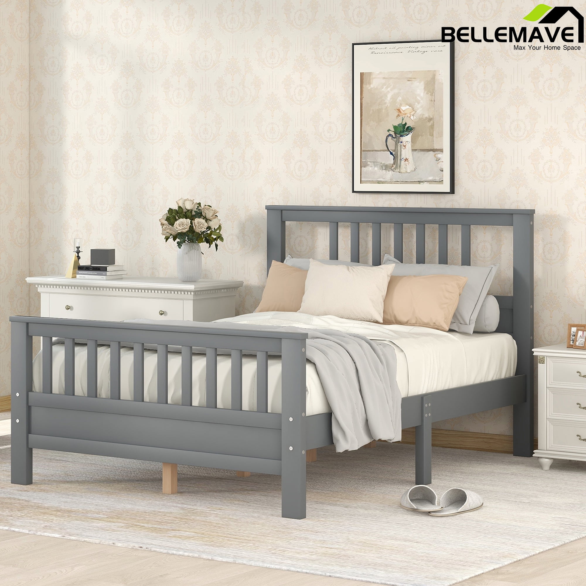 Bellemave Wooden Full Size Bed Frame with Headboard, Footboard, and ...